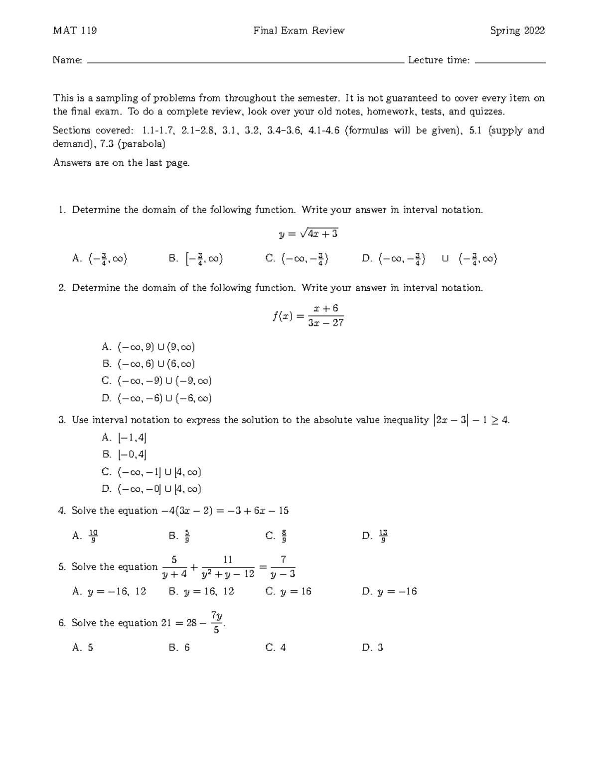 MAT 119 Final Review Packet - MAT 119 Final Exam Review Spring 2022 ...