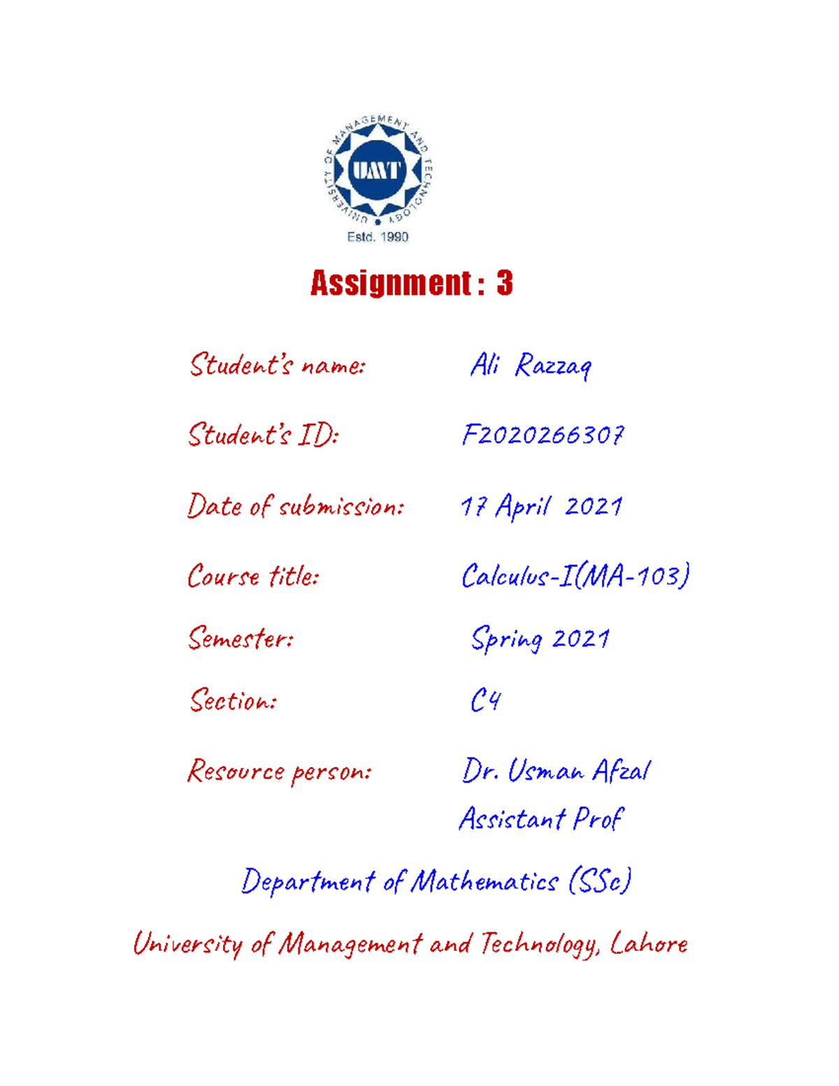 Ali Razzaq Calculus Assignment 3 - Assignment : 3 Stut’s a: Ali Rq Stut ...