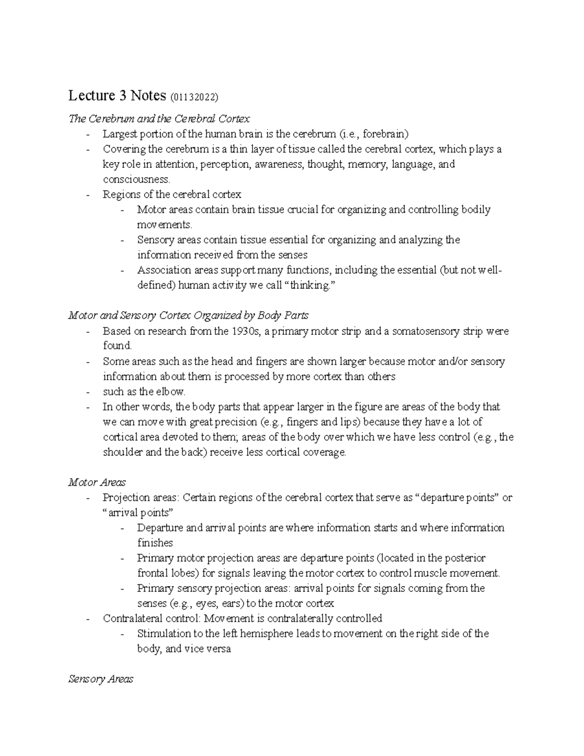 Lecture 3 The Neural Basis For Cognition Pt2 Lecture 3 Notes 01132022 The Cerebrum And The