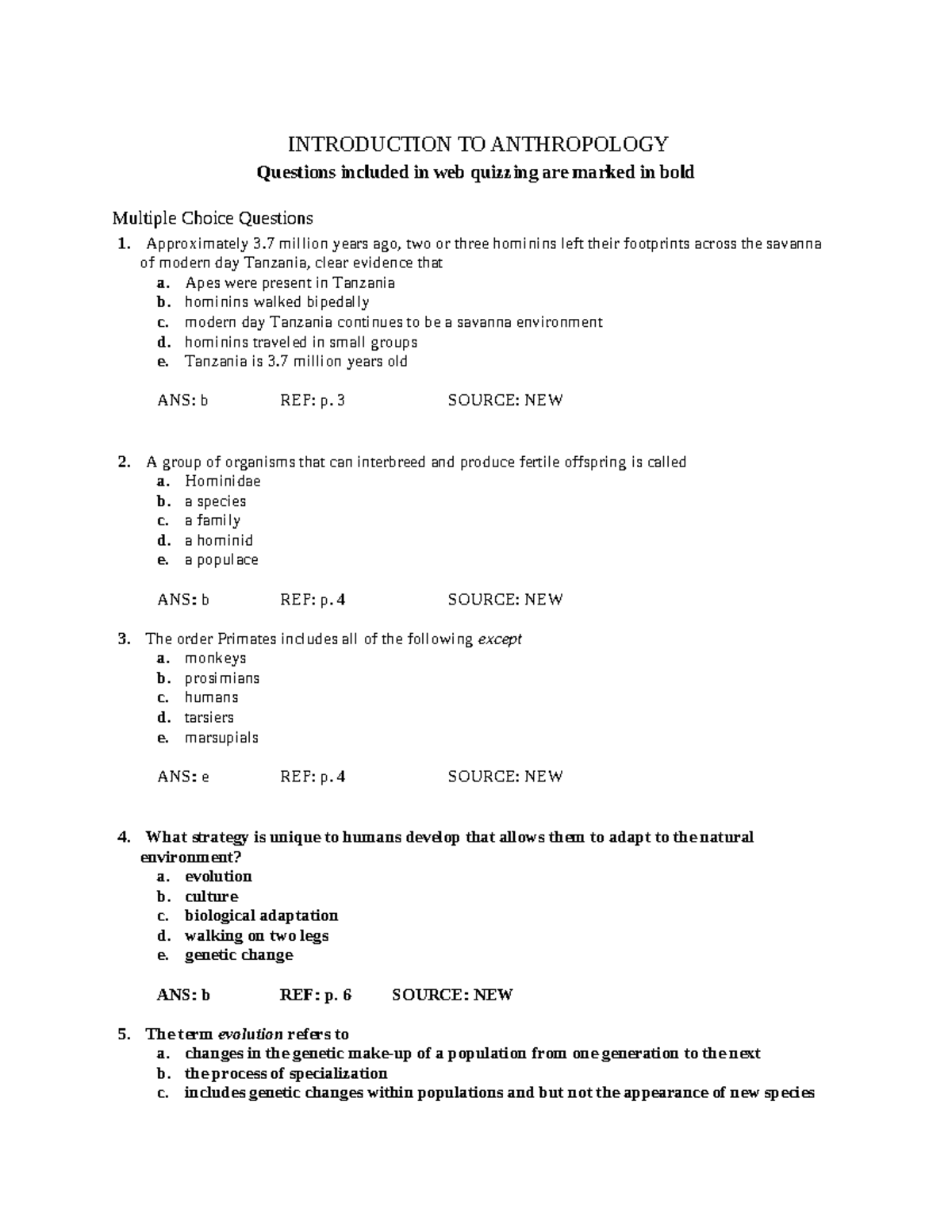 Testbank - testbanlk - INTRODUCTION TO ANTHROPOLOGY Questions included ...