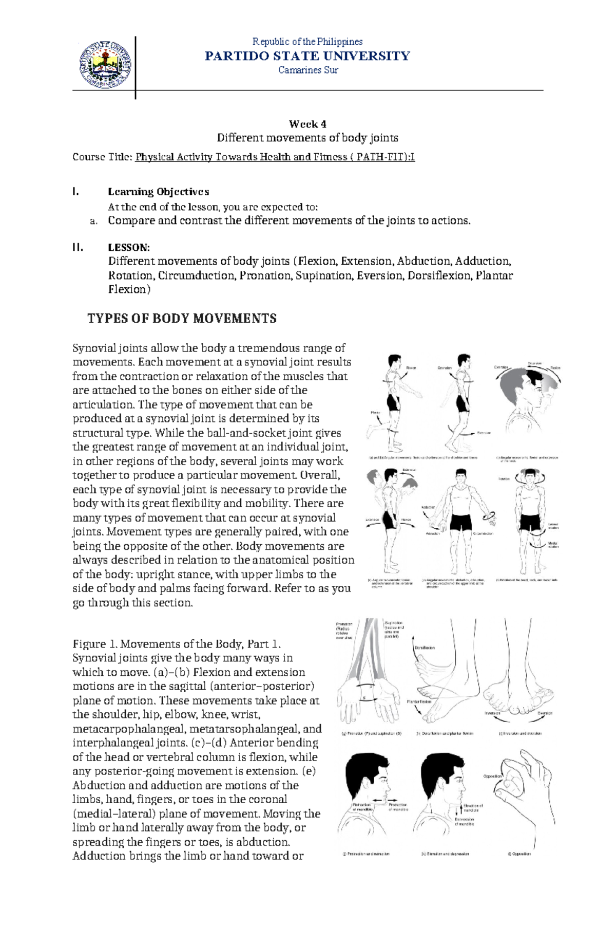 PE1-Week-4 - Different movements and body joints - PARTIDO STATE ...