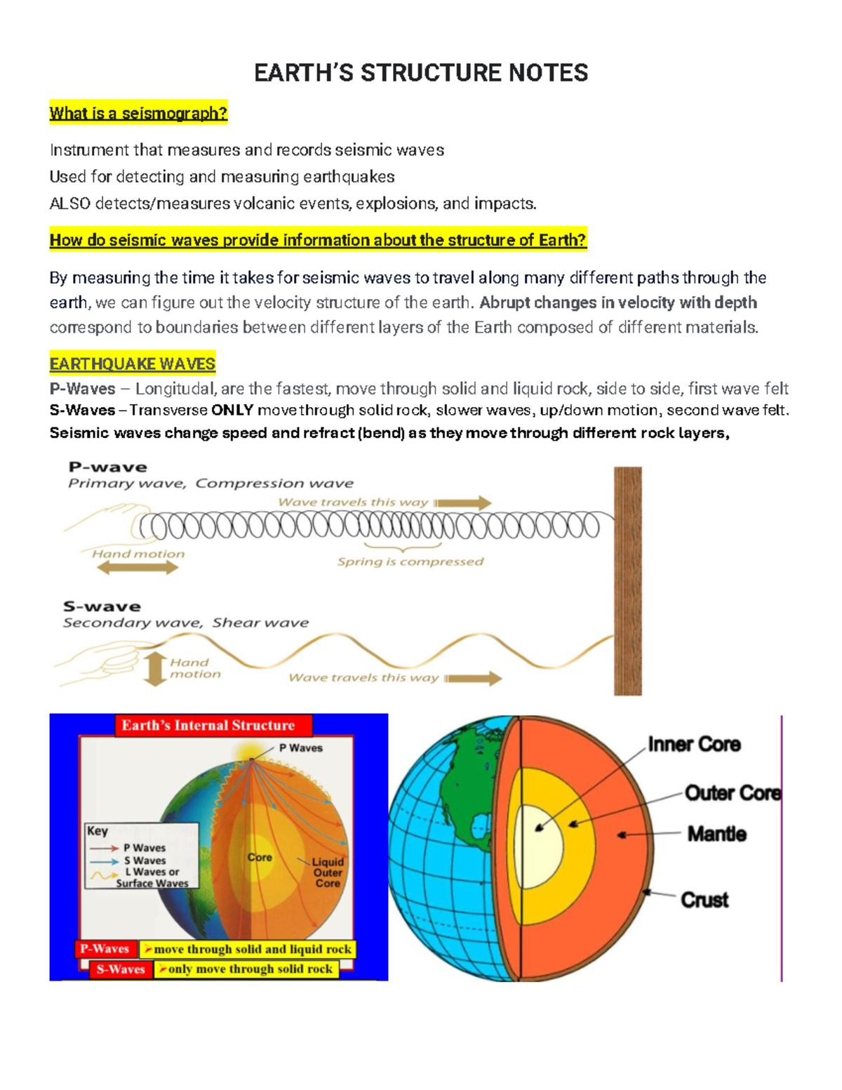 Earth's Interior Notes - EARTH’S STRUCTURE NOTES What is a seismograph ...