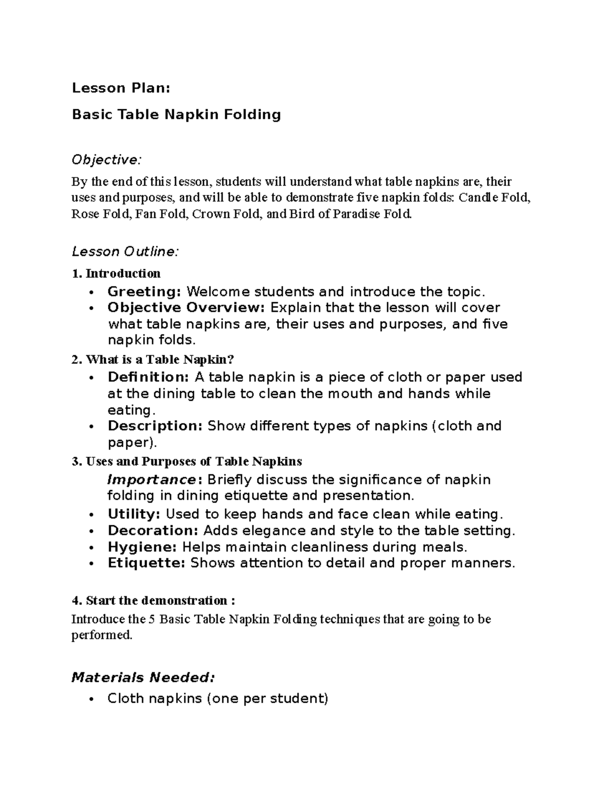Lesson Plan 1 - Lesson Plan: Basic Table Napkin Folding Objective: By ...