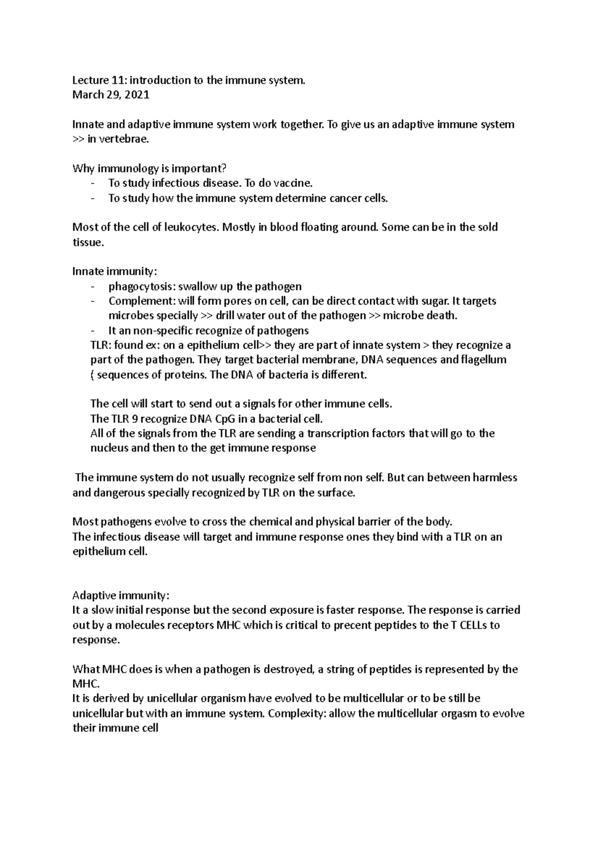 Lecture 11 Introduction To The Immune System March 29 2021 Innate