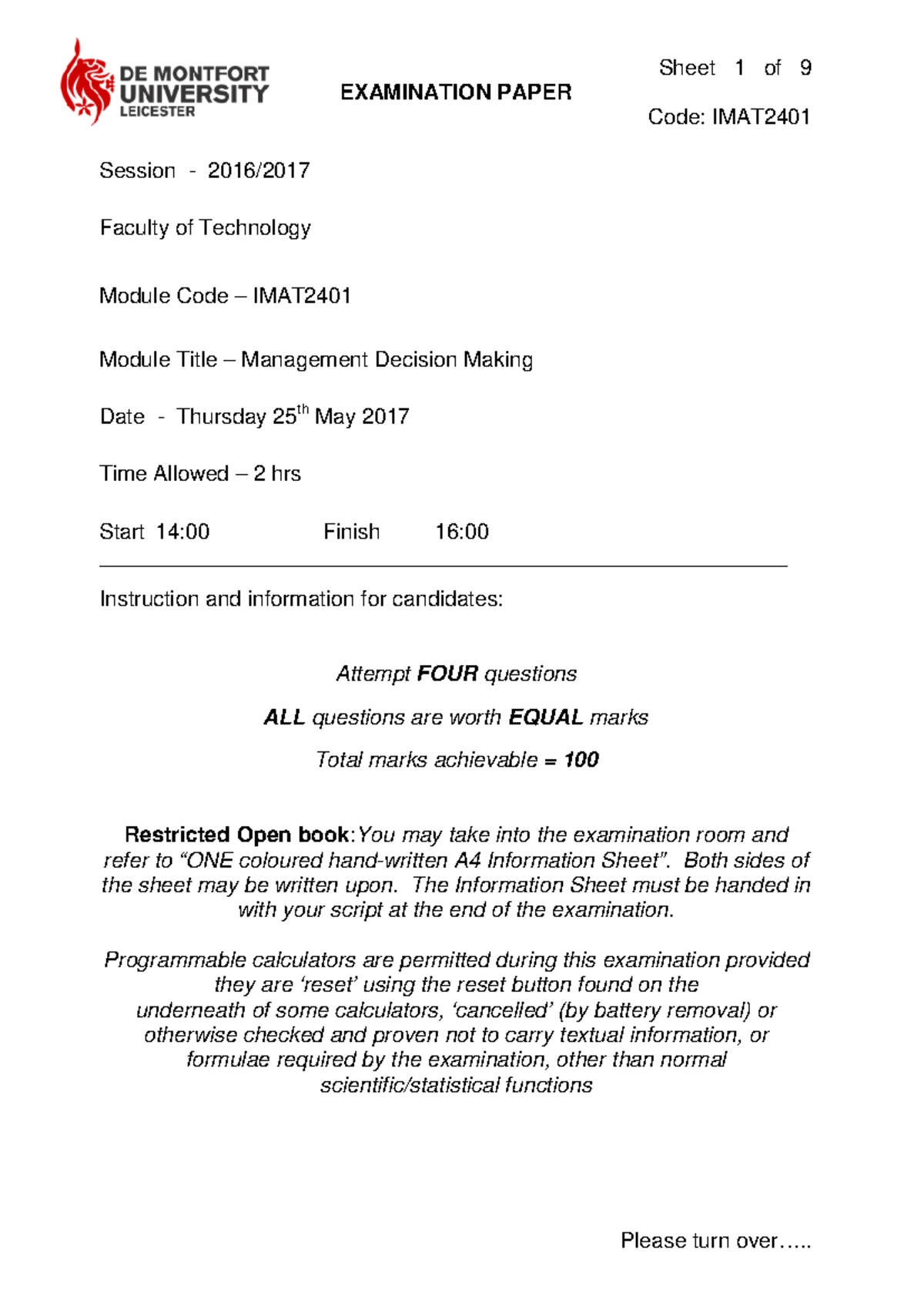 IMAT2401 Paper 2017 - Sheet 1 of 9 EXAMINATION PAPER Code: IMAT Session ...
