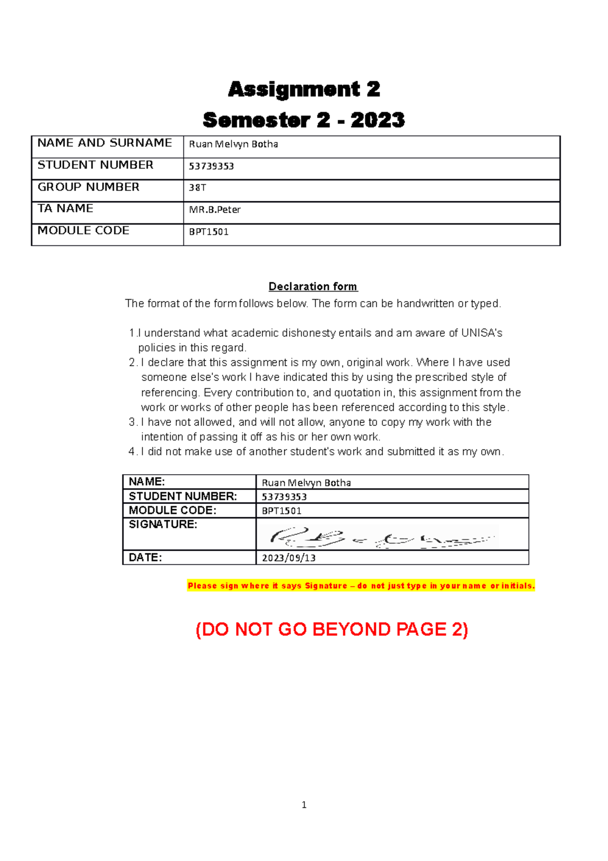 BPT1501 Declaration 2Plagarism - Assignment 2 Semester 2 - 2023 NAME ...