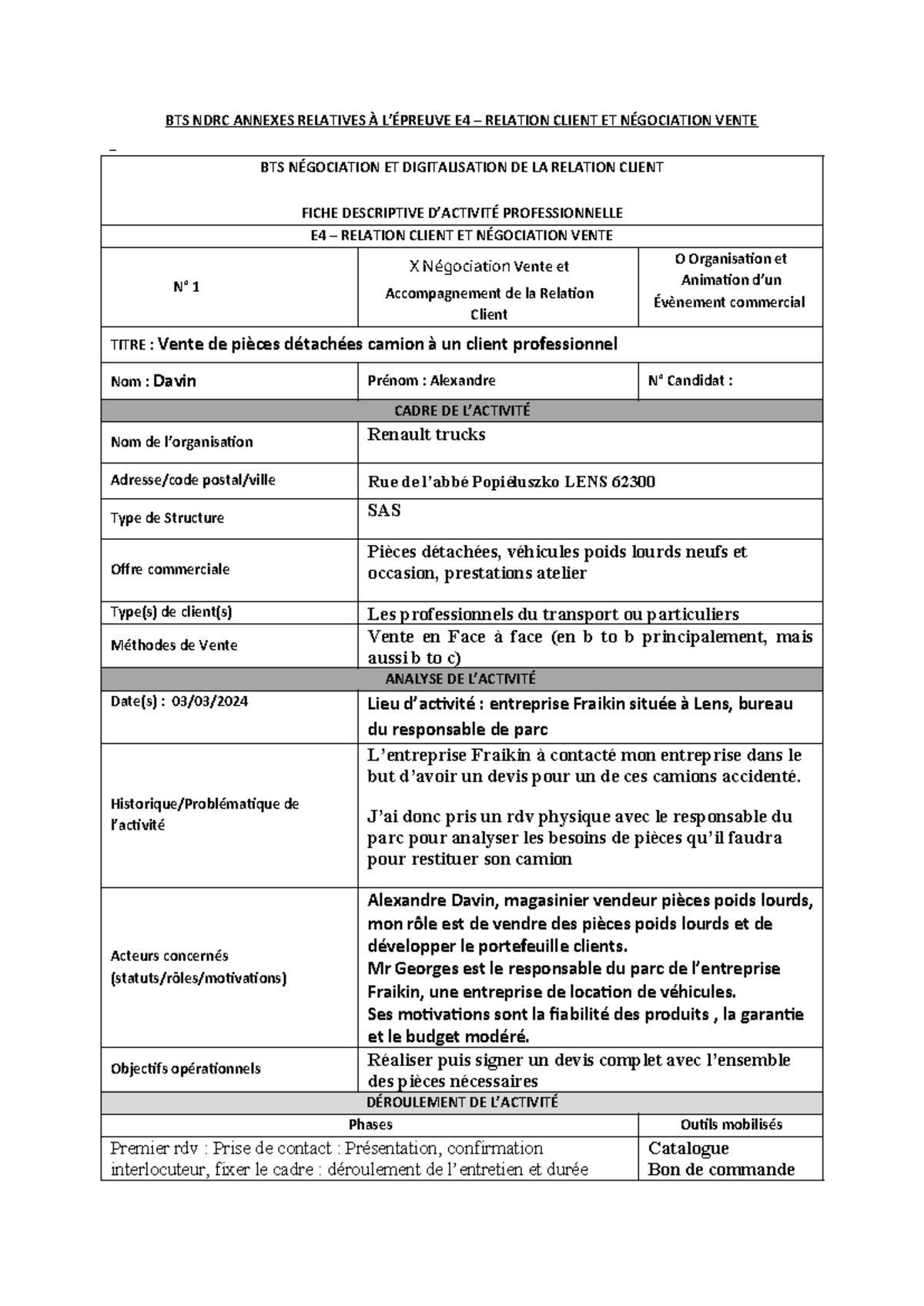 Fiche E4 NV Antoine - BTS NDRC ANNEXES RELATIVES À L’ÉPREUVE E4 – RELATION CLIENT ET NÉGOCIATION ...