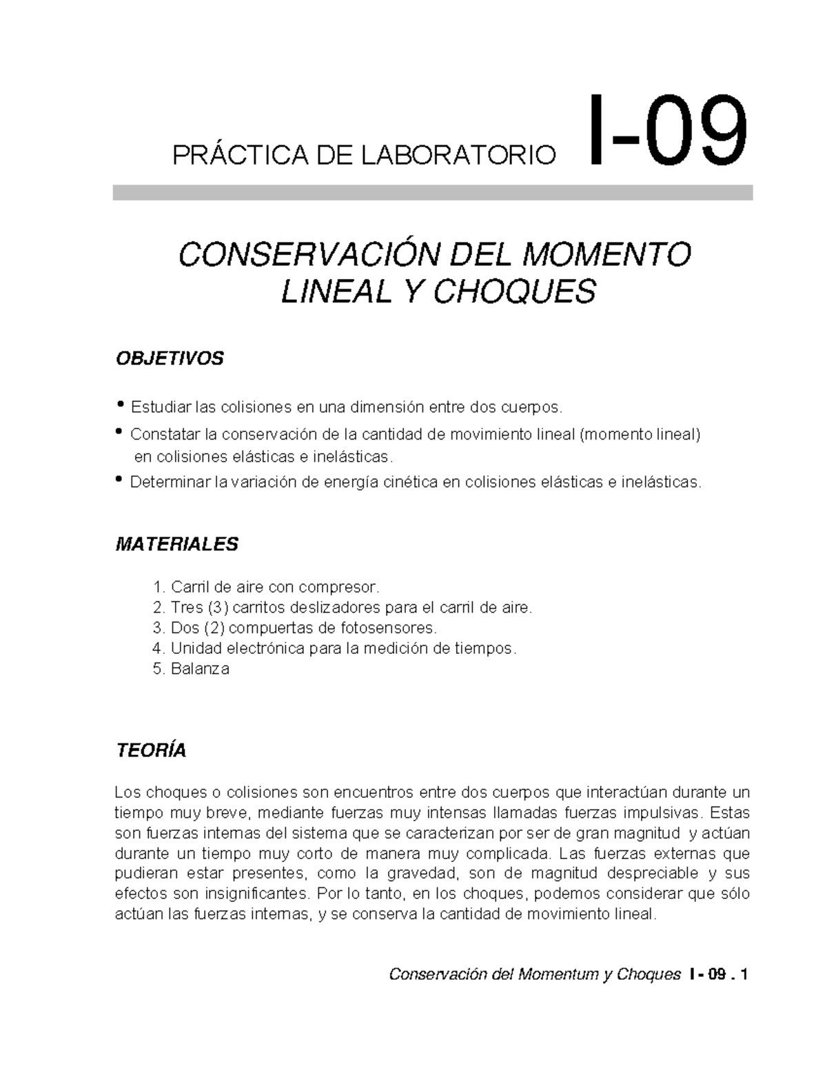 I 09 conservacic 3b3n del momento lineal y choques - PR¡CTICA DE LABORATORIO I- CONSERVACIÓN DEL ...