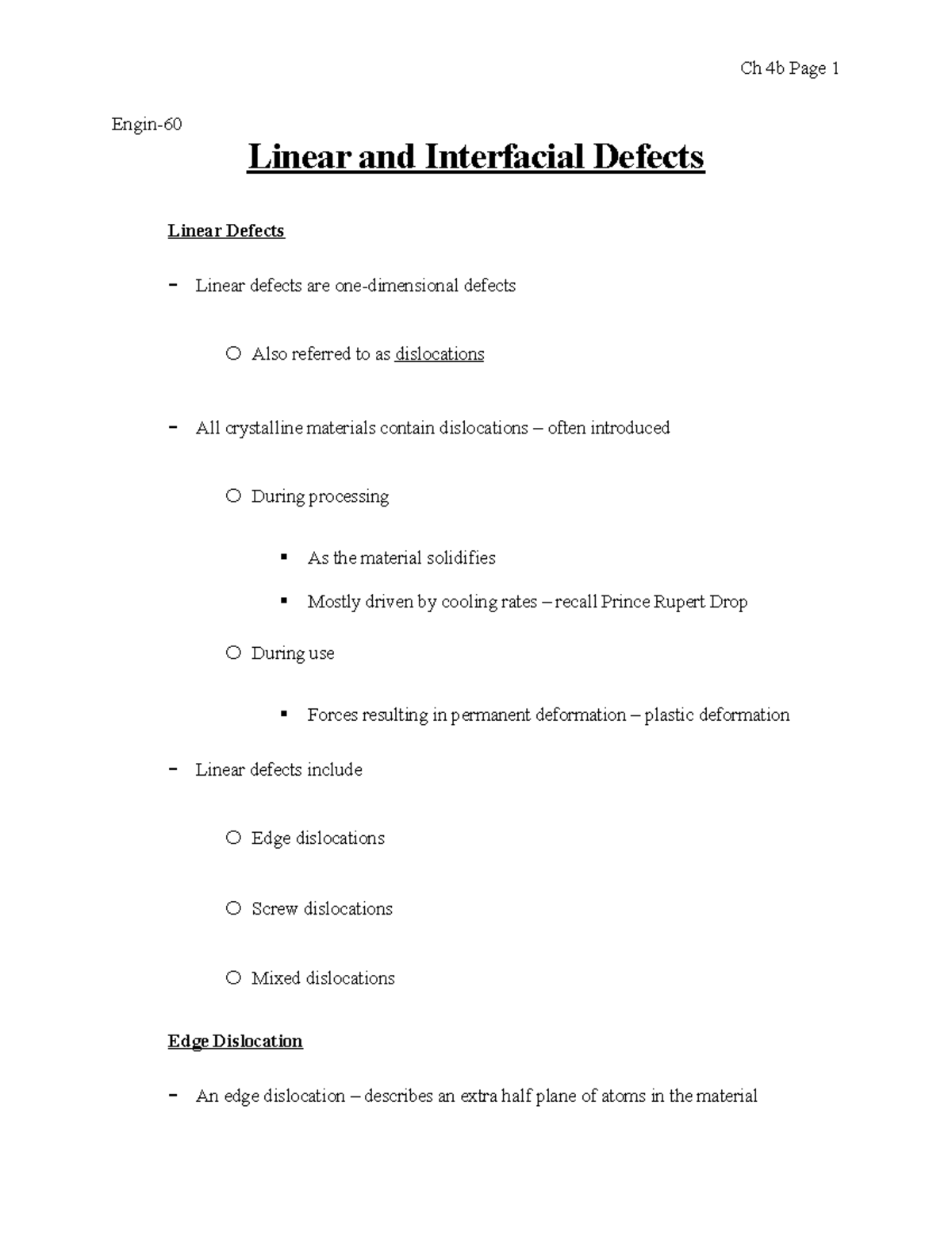 Chapter 4b Notes - Engin- Linear and Interfacial Defects Linear Defects ...