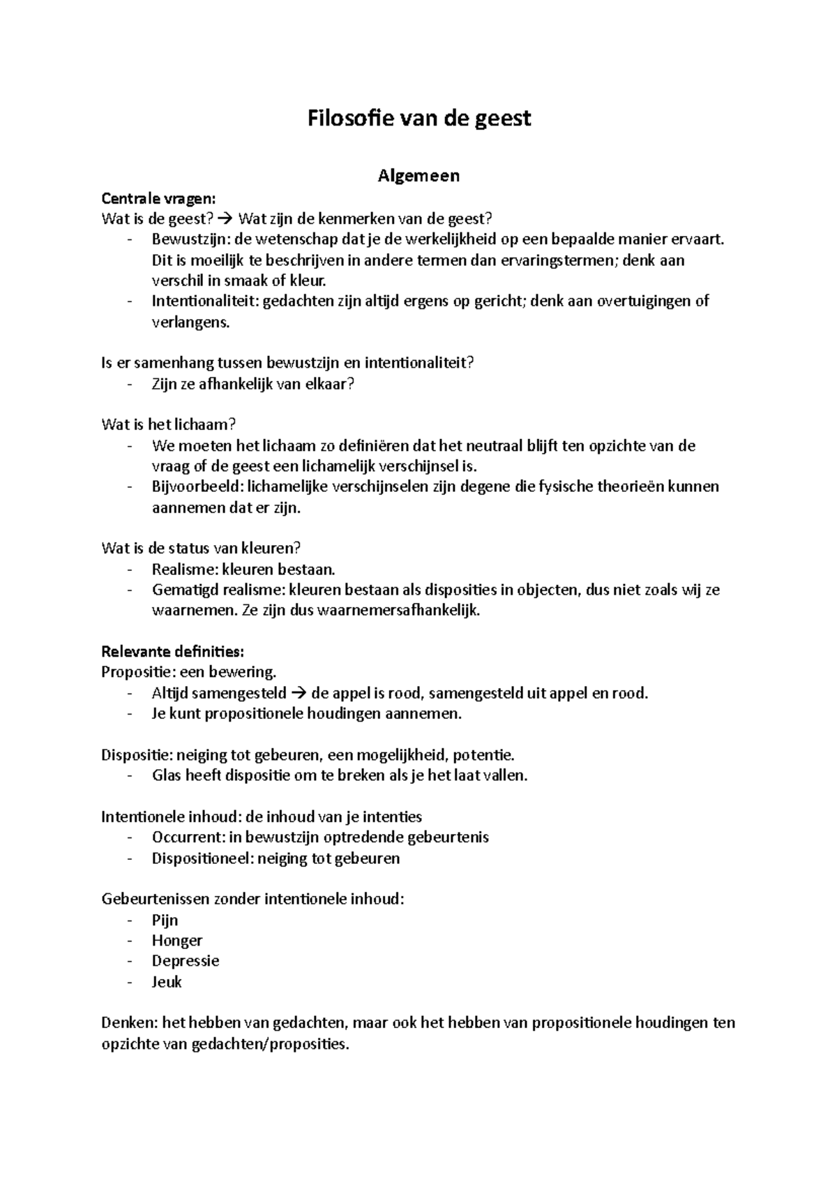 Samenvatting filosofie van de geest - Filosofie van de geest Algemeen ...
