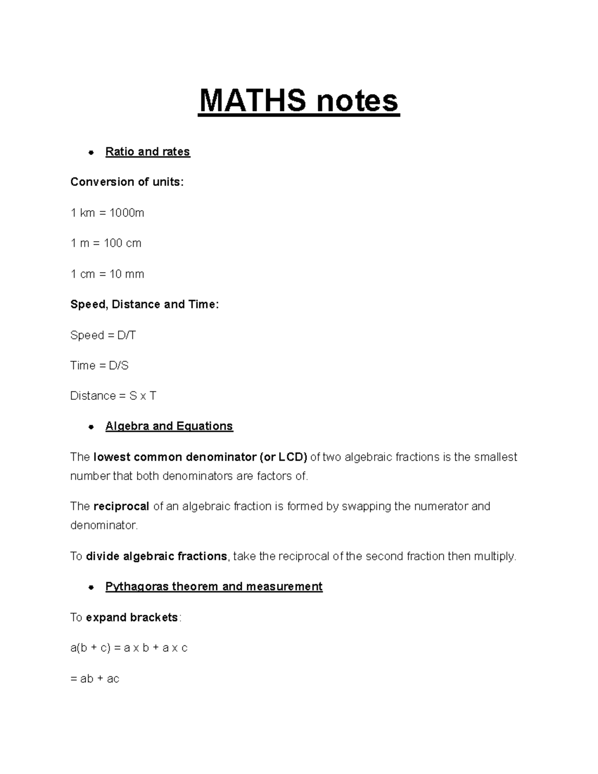 Maths study notes - Year 8 - MATHS notes Ratio and rates Conversion of ...