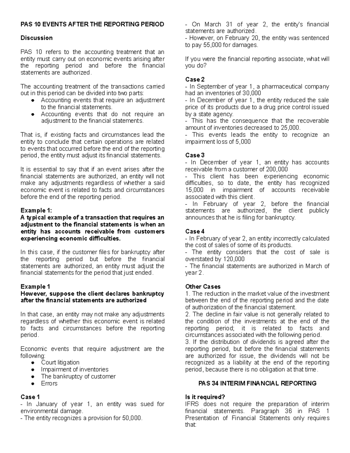 Accounting - Notes for PAS 10, PFRS 8, PFRS 5 - PAS 10 EVENTS AFTER THE ...