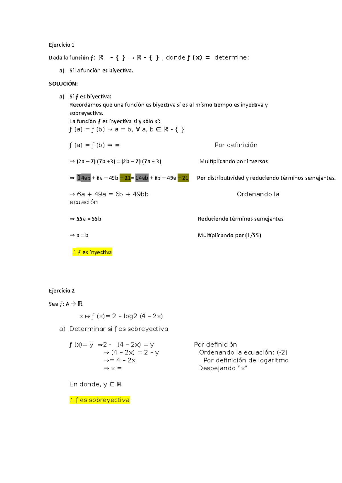 Ejercicios - SOLUCIÓN: a) Si ƒ es biyectiva: Recordamos que una función ...