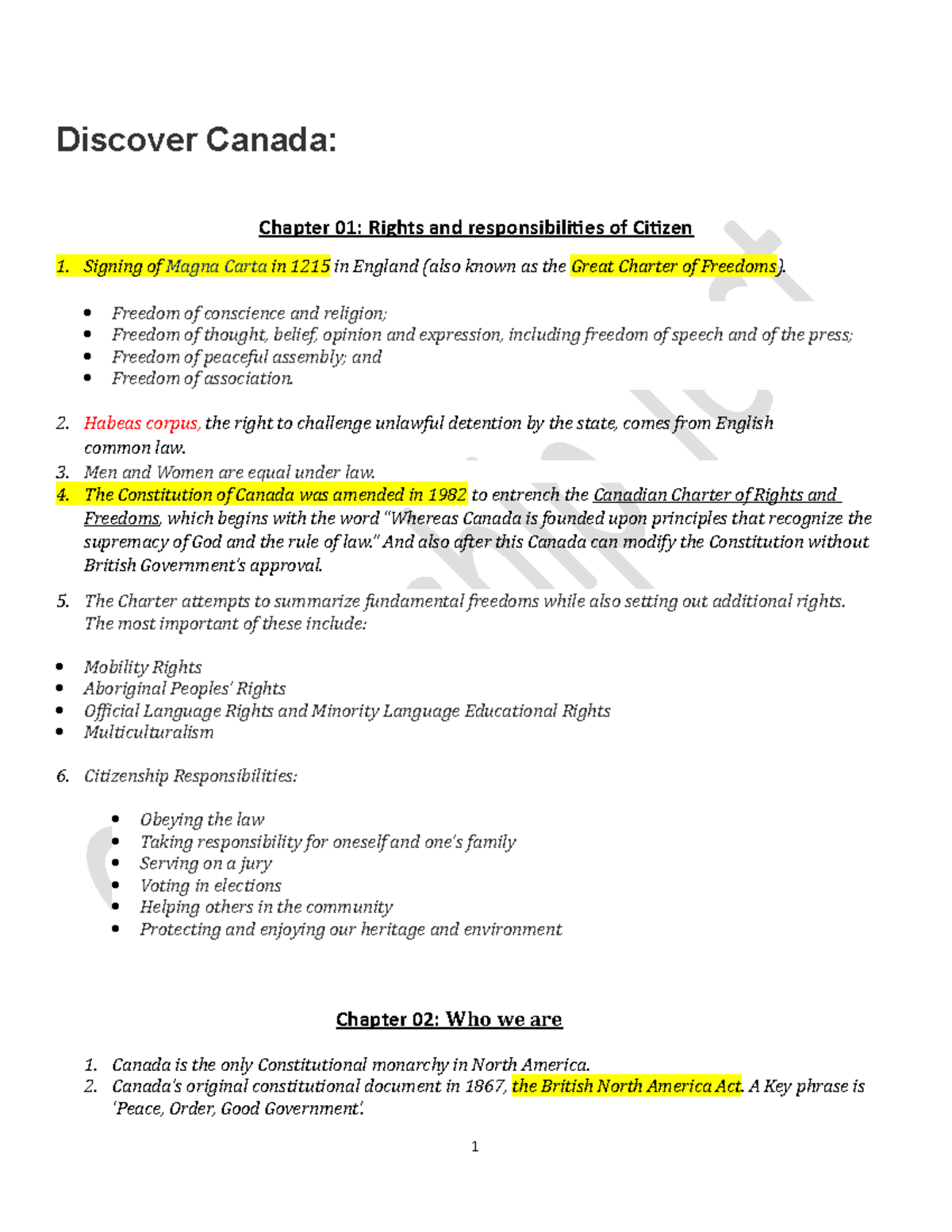 Citizenship test Material - Discover Canada: Chapter 01: Rights and ...