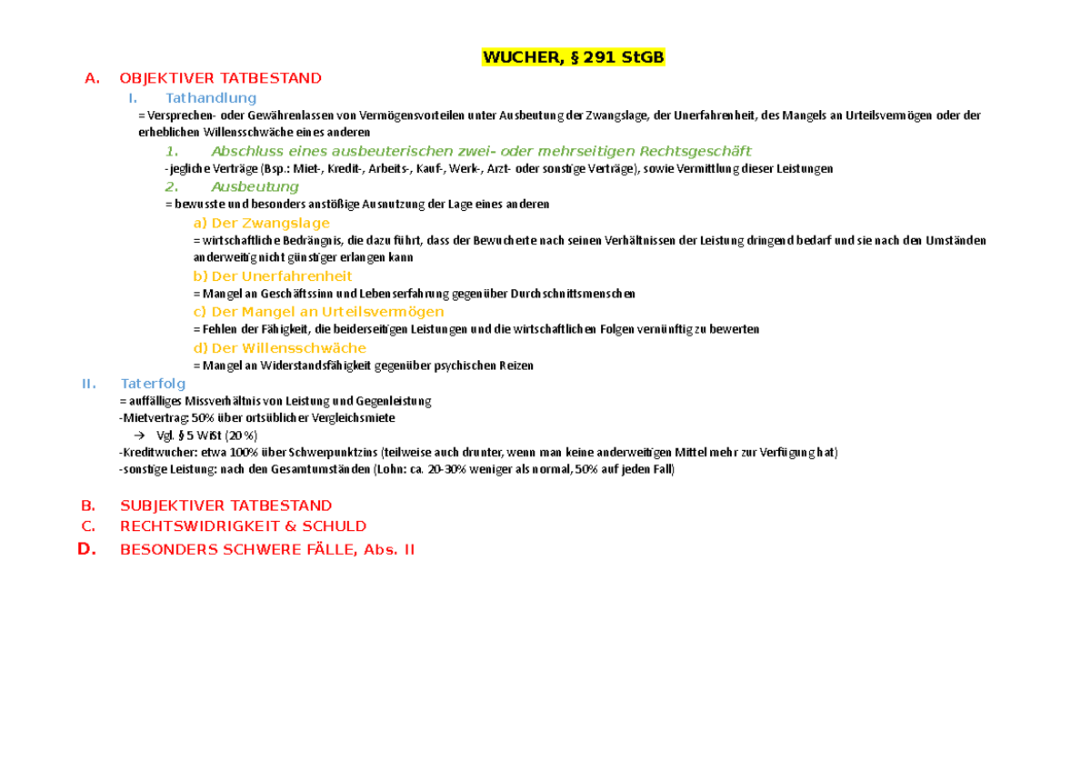 § 291 StGB, Wucher - WUCHER, § 291 StGB A. OBJEKTIVER TATBESTAND I ...