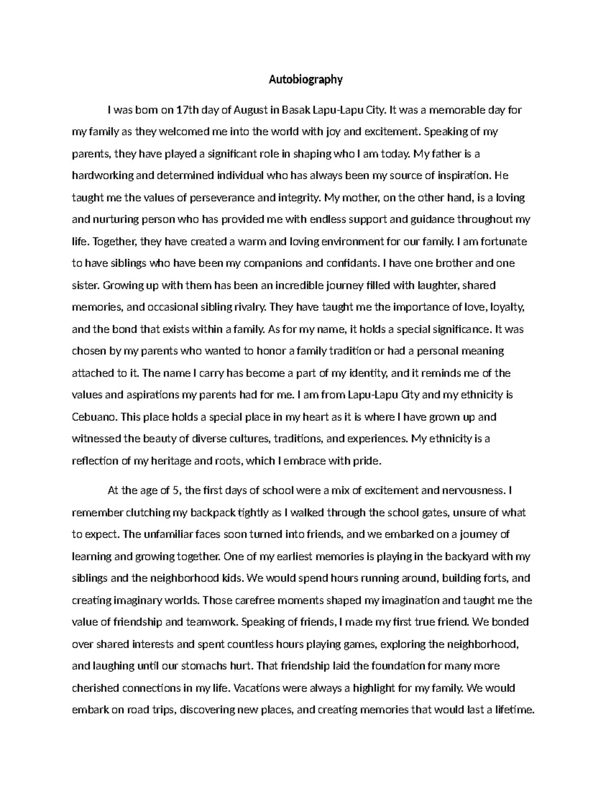 Autobiography - It was a memorable day for my family as they welcomed ...