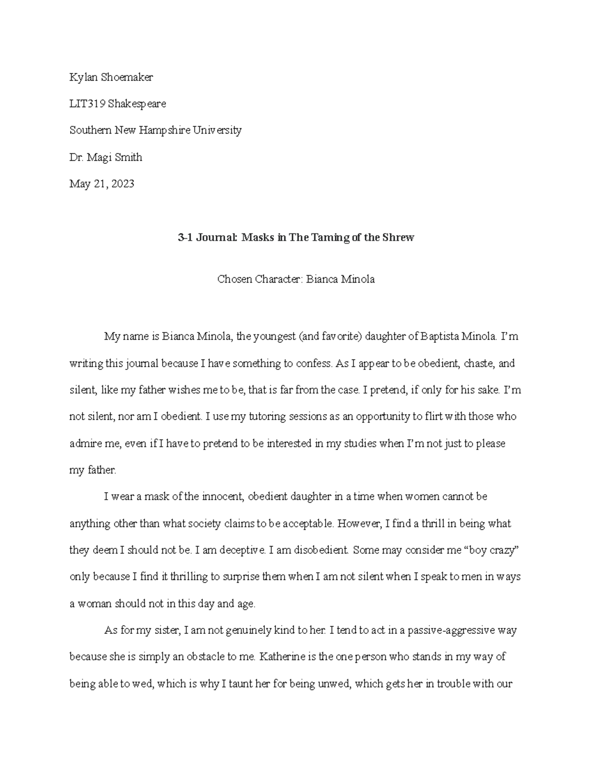 3-1 Journal Masks in The Taming of the Shrew - Kylan Shoemaker LIT319 ...