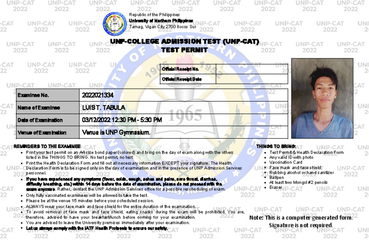 Admission exam permit unp - Passport size picture with name tag ...