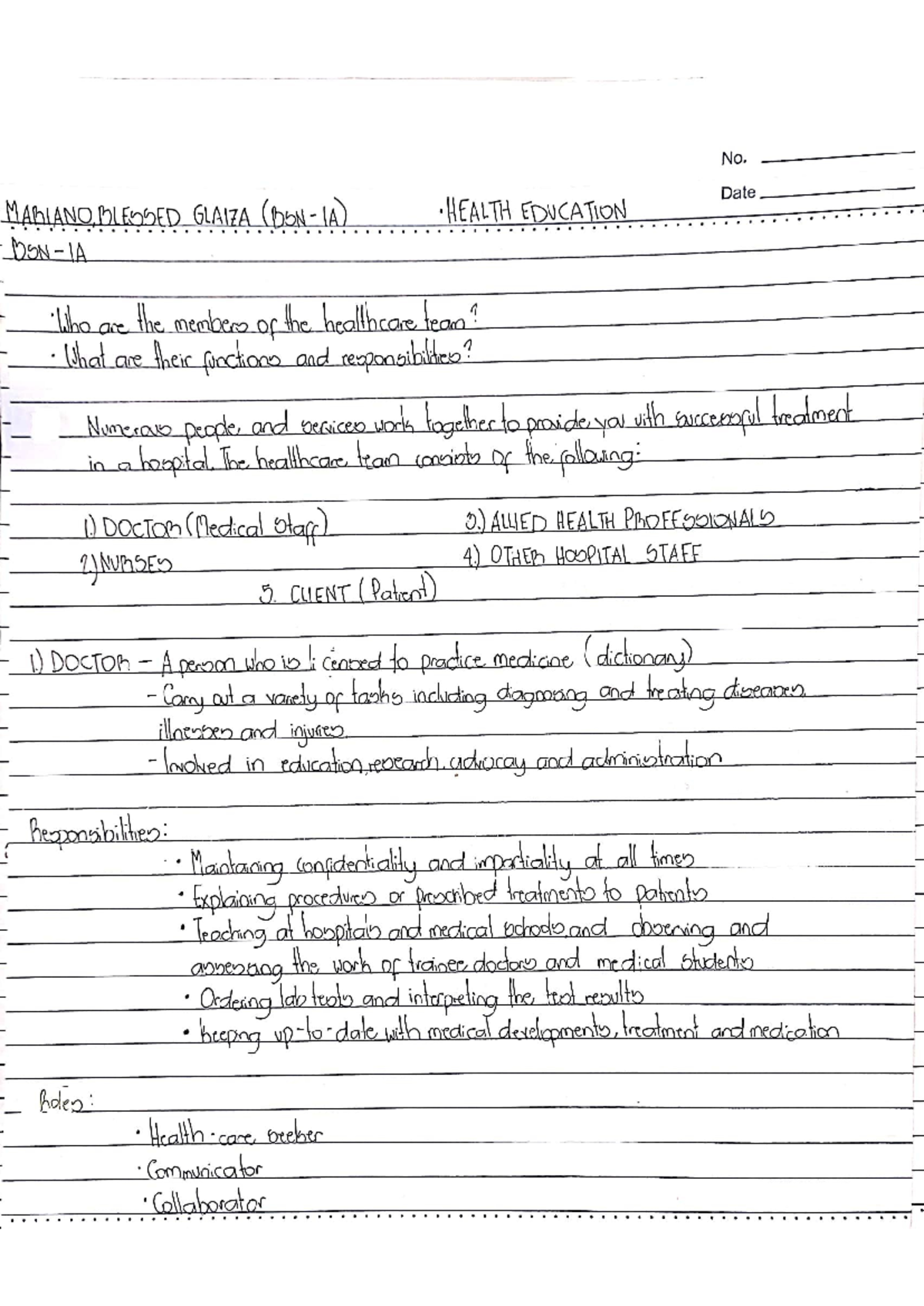 Assignment - jdkd - No. Date MARIANO BLESSED GLAIZA HEALTH EDUCATION IA ...