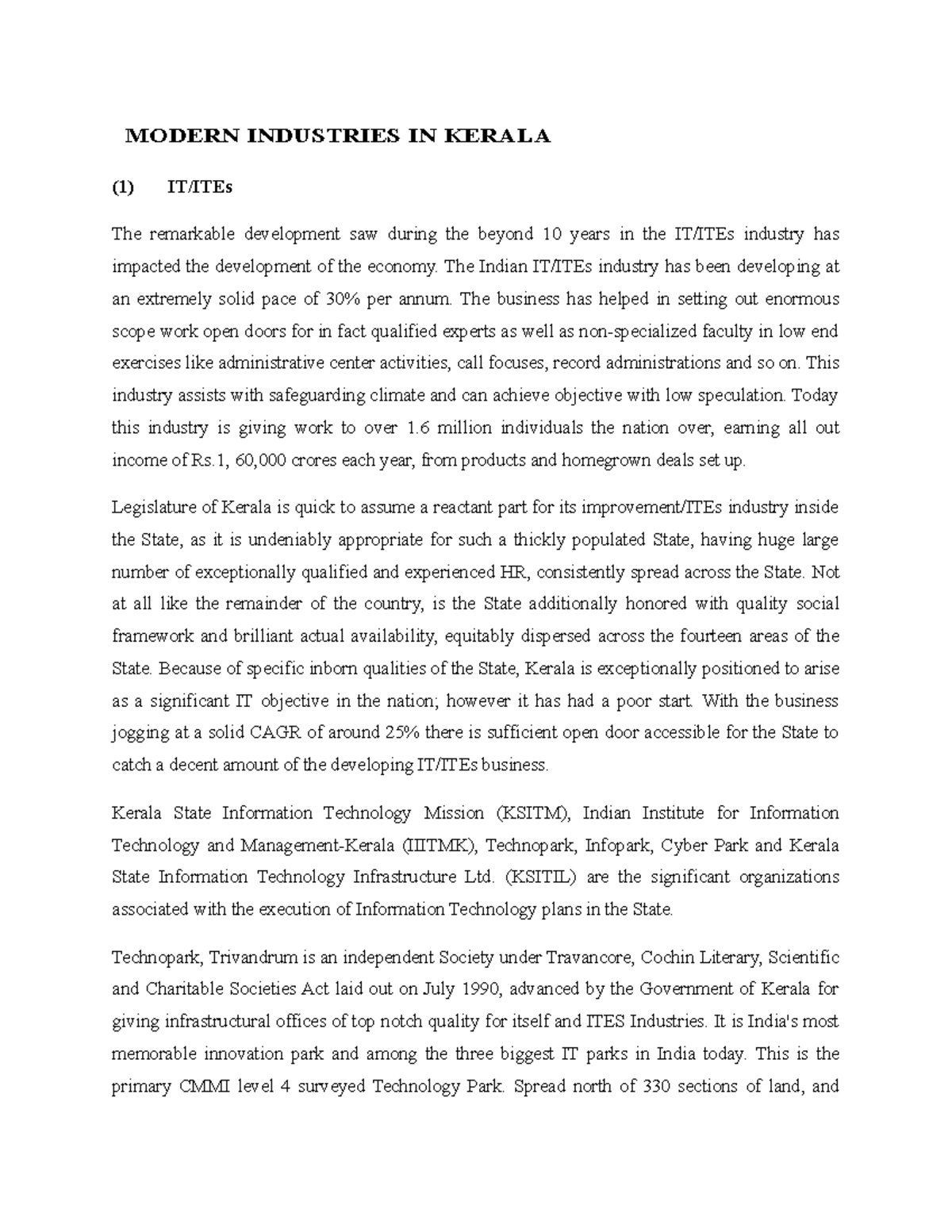 Modern Industries in Kerala - MODERN INDUSTRIES IN KERALA (1) IT/ITEs ...