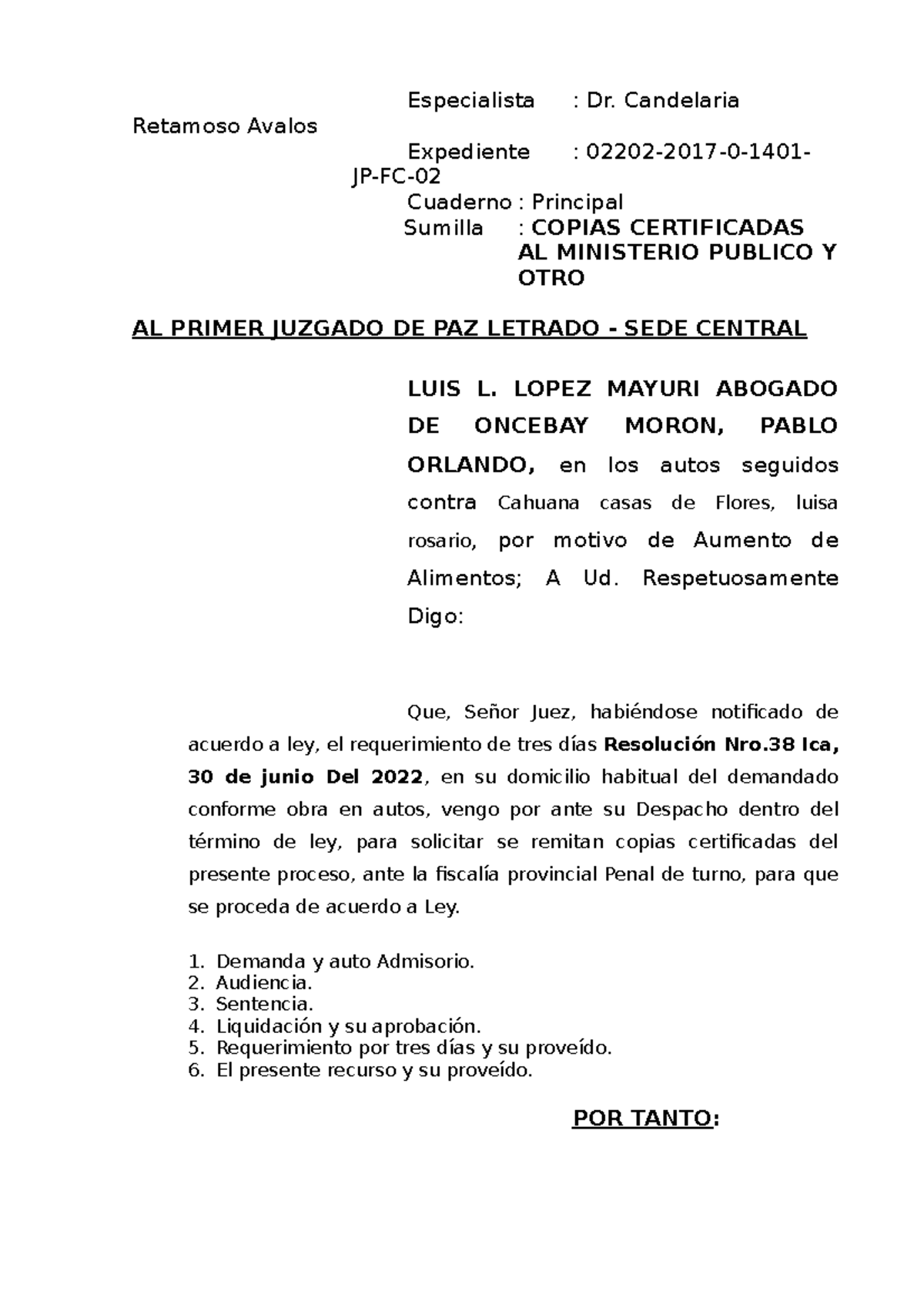 Demanda - MJK, - Especialista : Dr. Candelaria Retamoso Avalos Expediente : 02202-2017-0-1401 ...