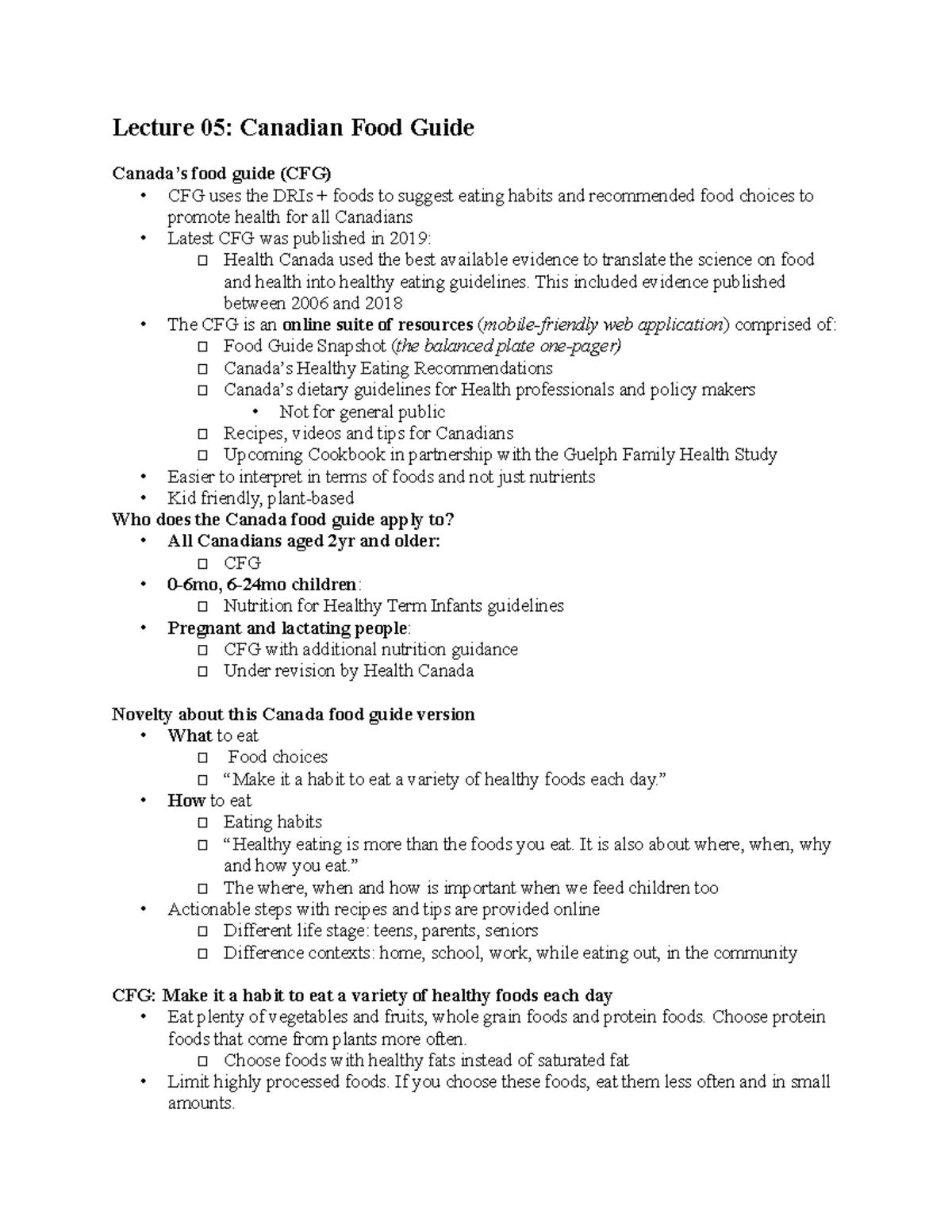Lecture Five Completed Notes - Lecture 05: Canadian Food Guide Canada’s ...