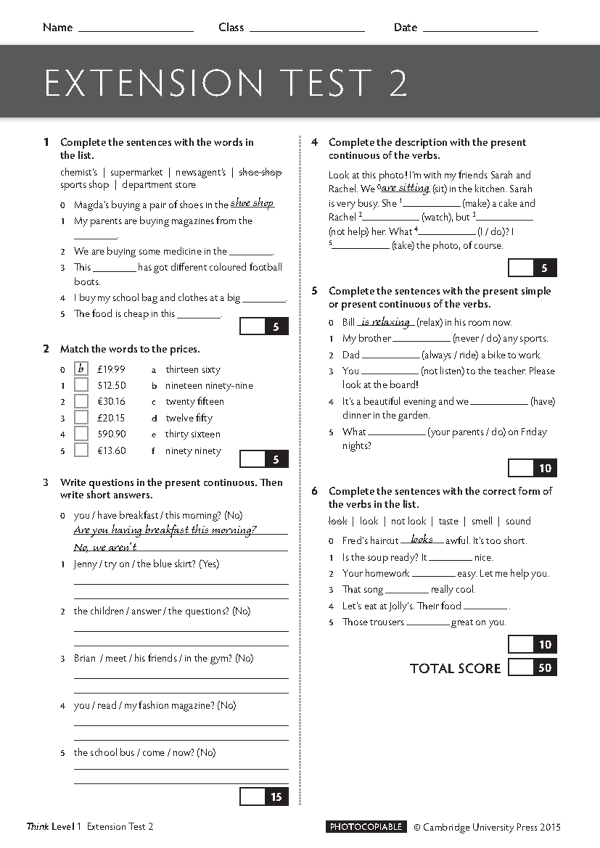 Unit 2 Extension test - E X TENSION TEST 2 1 Complete the sentences ...