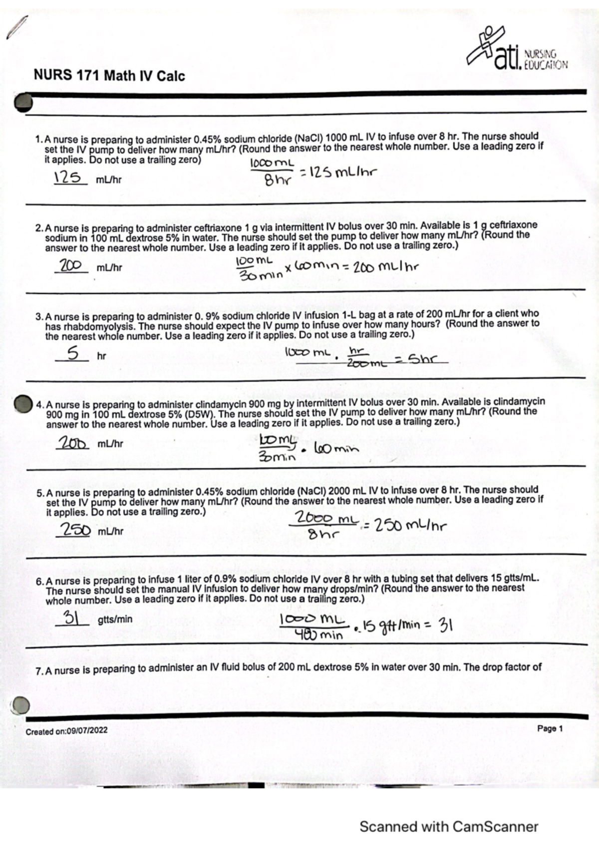 Nursing 171 Math IV Calc - ati. NURSING EDUCATION NURS 171 Math IV Calc ...