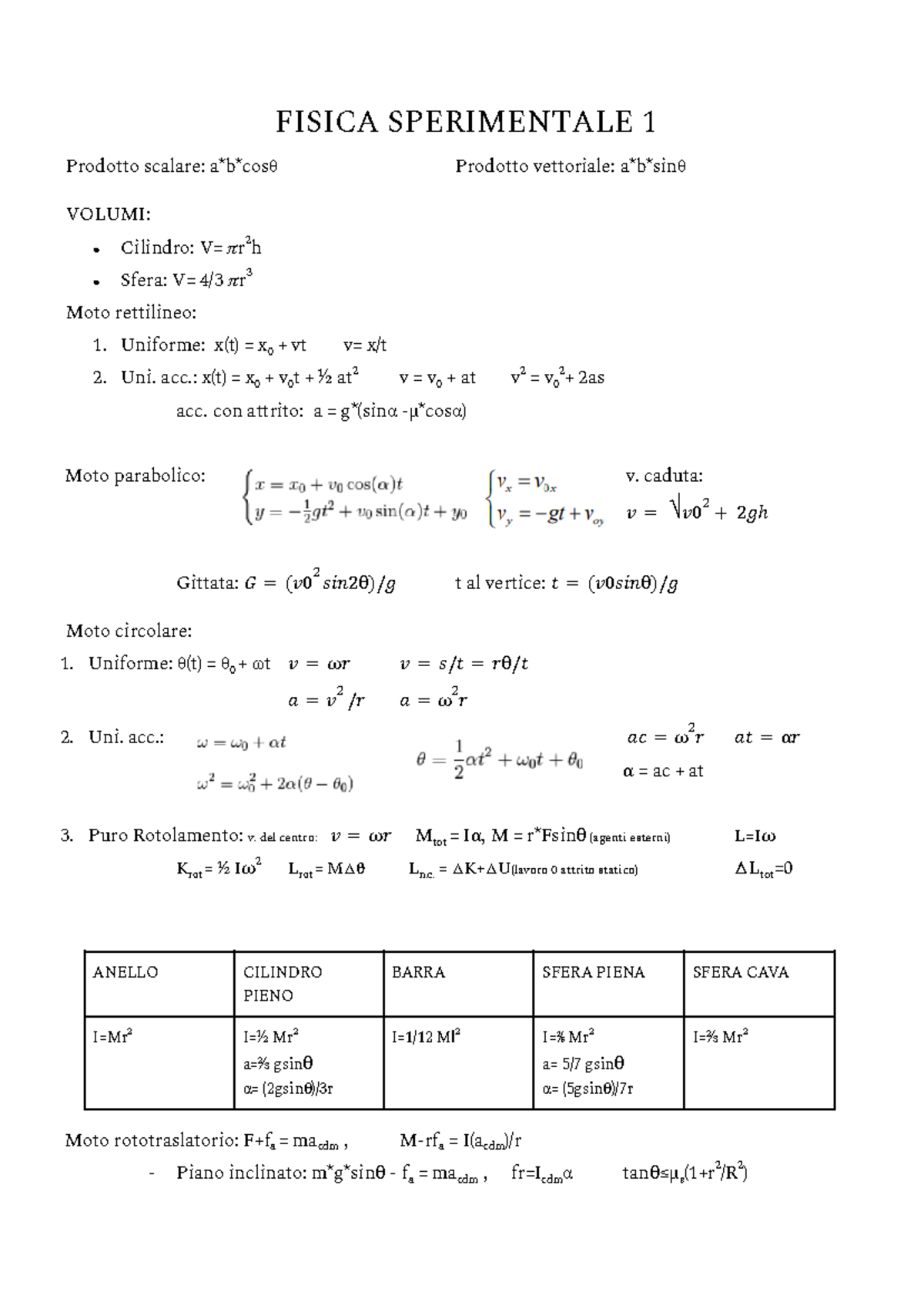 Formulario - Fisica Sperimentale 1 - FISICA SPERIMENTALE 1 Prodotto scalare: abcosθ Prodotto ...