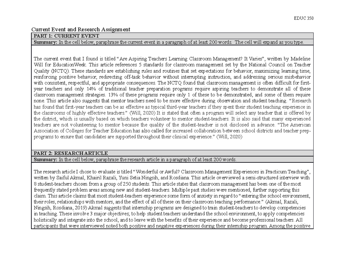 Current Events and Research Assignment - EDUC 350 Current Event and ...
