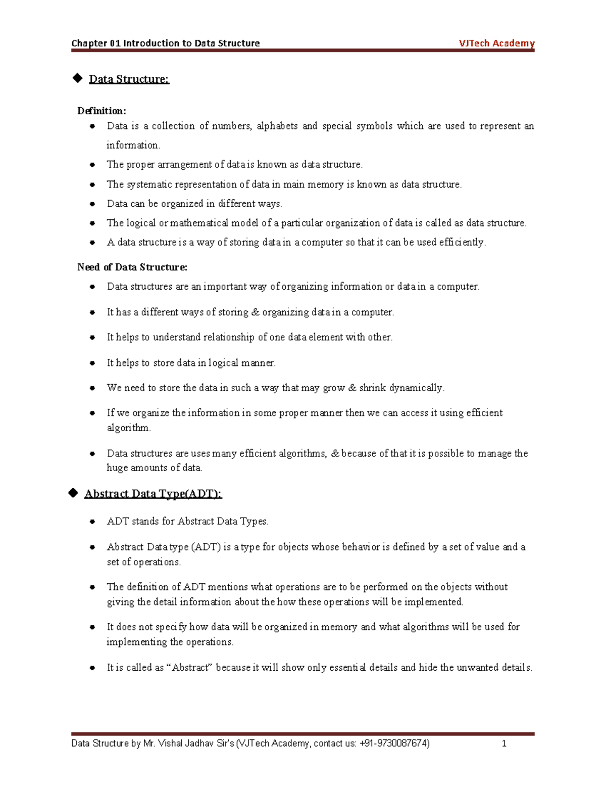UNIT-I Introduction to Data Structures - Data Structure: Definition: Data is a collection of ...