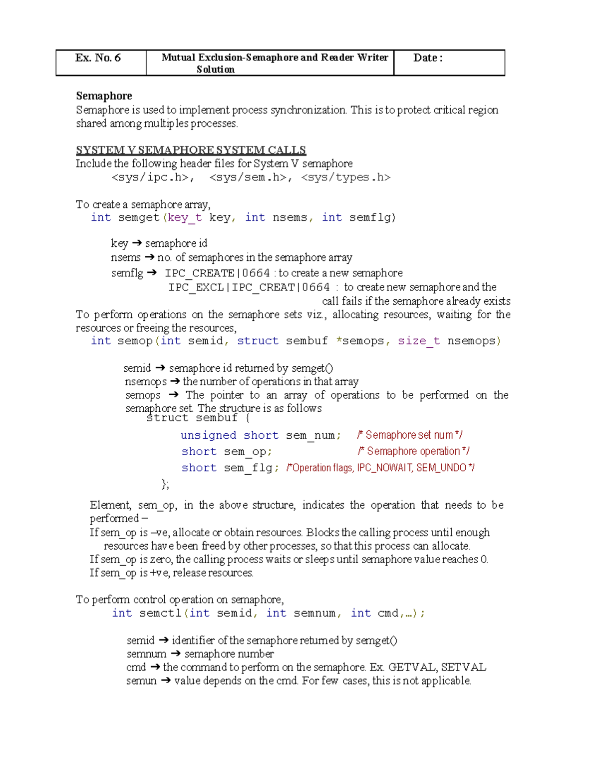 OS EXP6 - ffc4c - Ex. No. 6 Mutual Exclusion-Semaphore and Reader Writer Solution Date ...