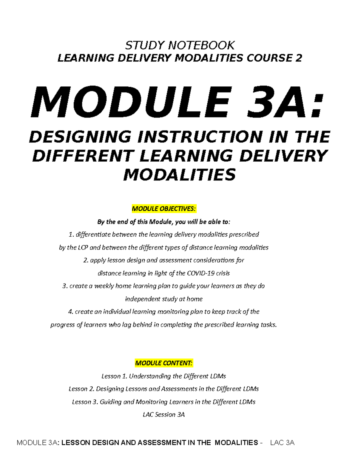 Study Notebook module 3A MAAM Cristy - STUDY NOTEBOOK LEARNING DELIVERY MODALITIES COURSE 2 ...