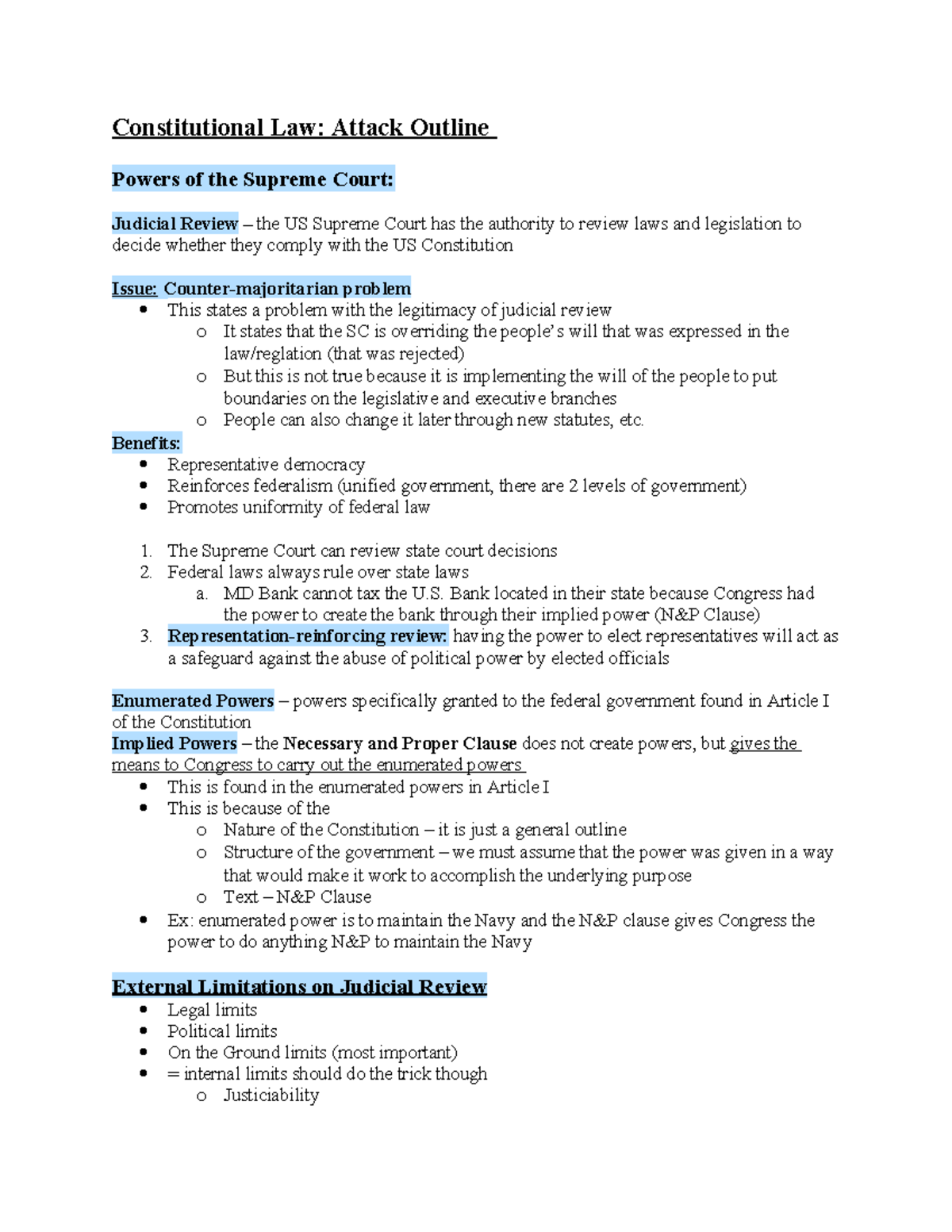 Attack Outline - Summary Constitutional Law 1 - Constitutional Law: Attack Outline Powers of the ...