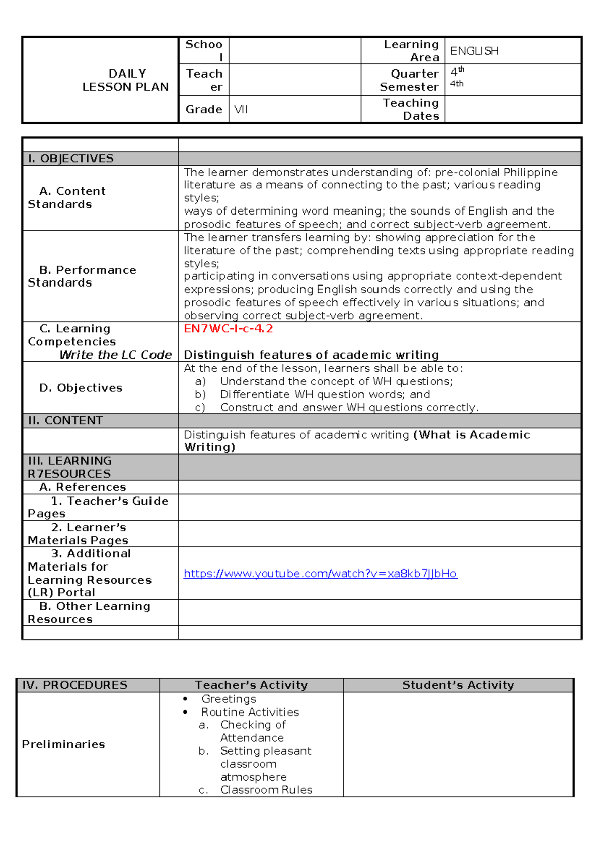DLP Q4M1 - Academic Writing - DAILY LESSON PLAN Schoo l Learning Area ...