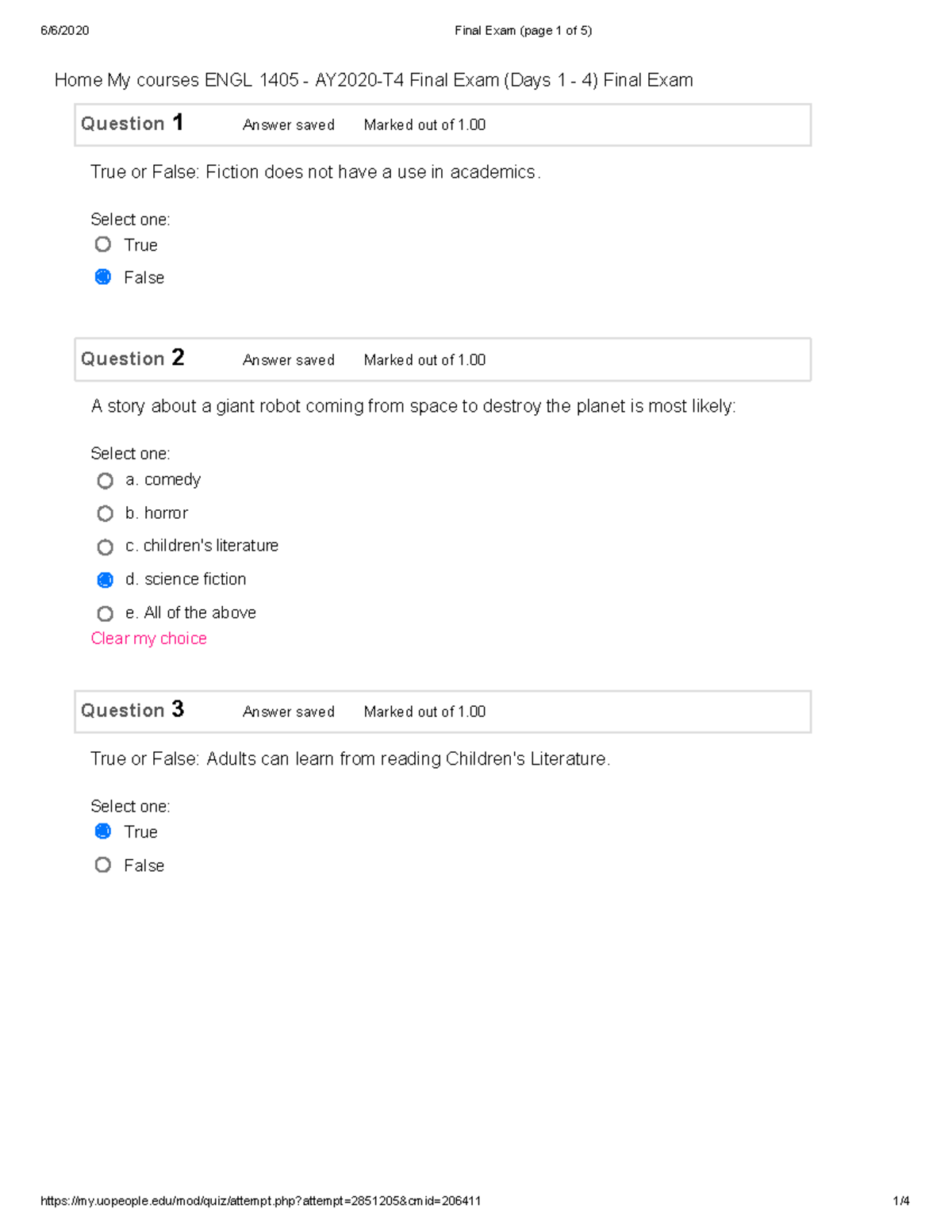 Final Exam (page 1 of 5) - Question 1 Answer saved Marked out of 1 ...