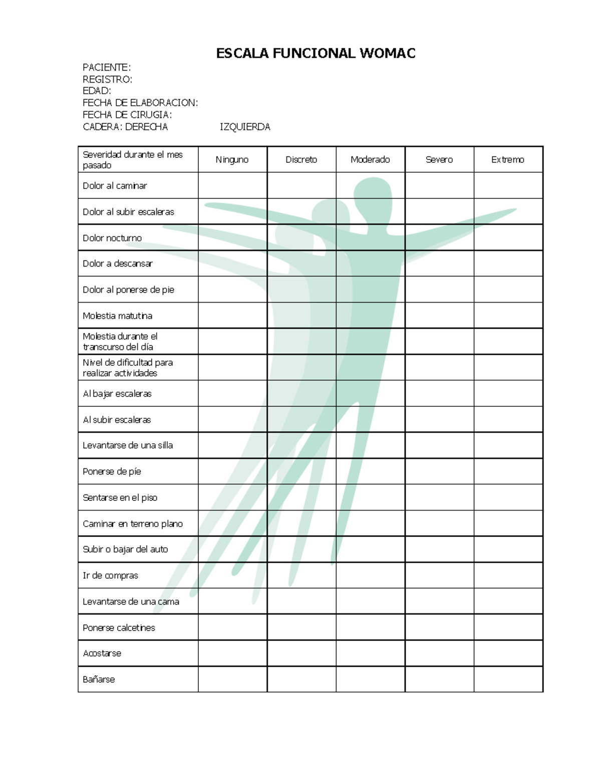 Evaluacion Escala funcional Womac - ESCALA FUNCIONAL WOMAC PACIENTE ...
