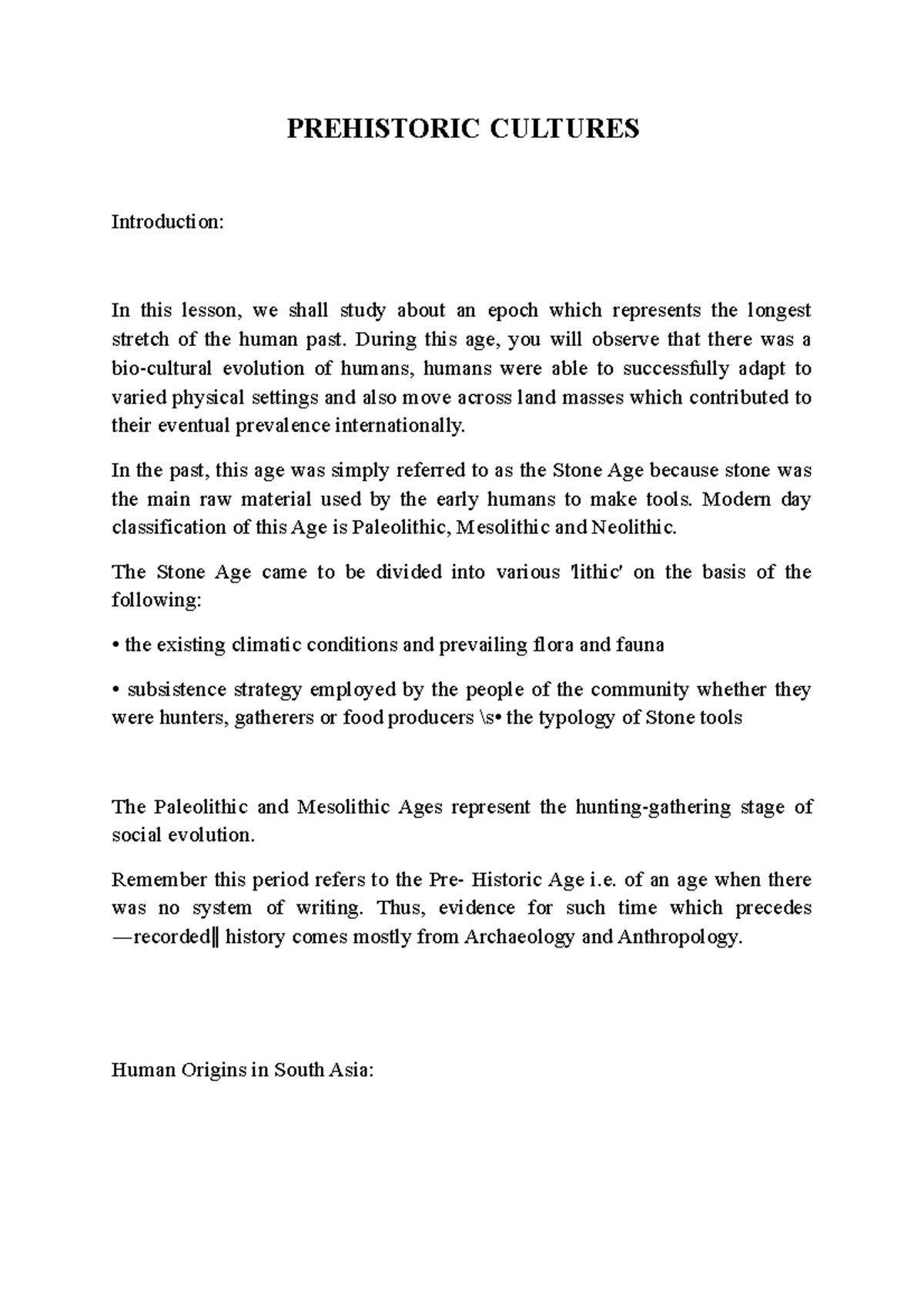 Prehistoric Cultures - PREHISTORIC CULTURES Introduction: In this ...