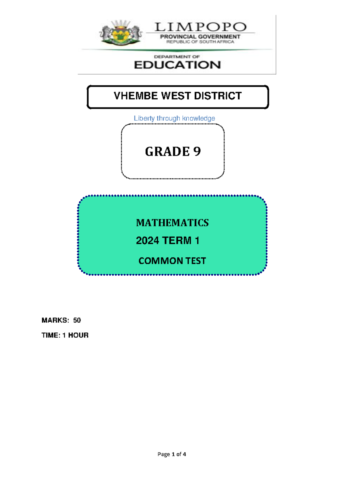 2024 Term 1 Gr 9 Math Common Test - MATHEMATICS 2024 TERM 1 COMMON TEST ...