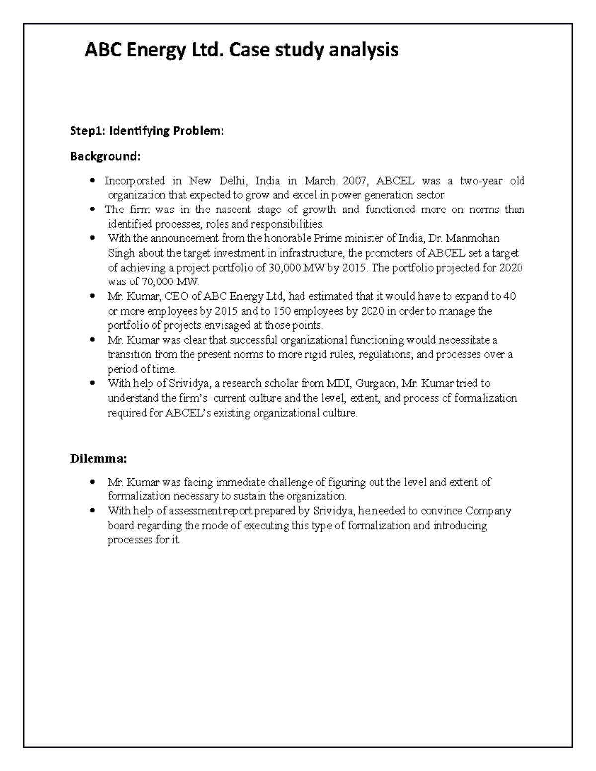 UPO-II-ABC Energy Ltd. case study analysis - Step1: Identifying Problem ...