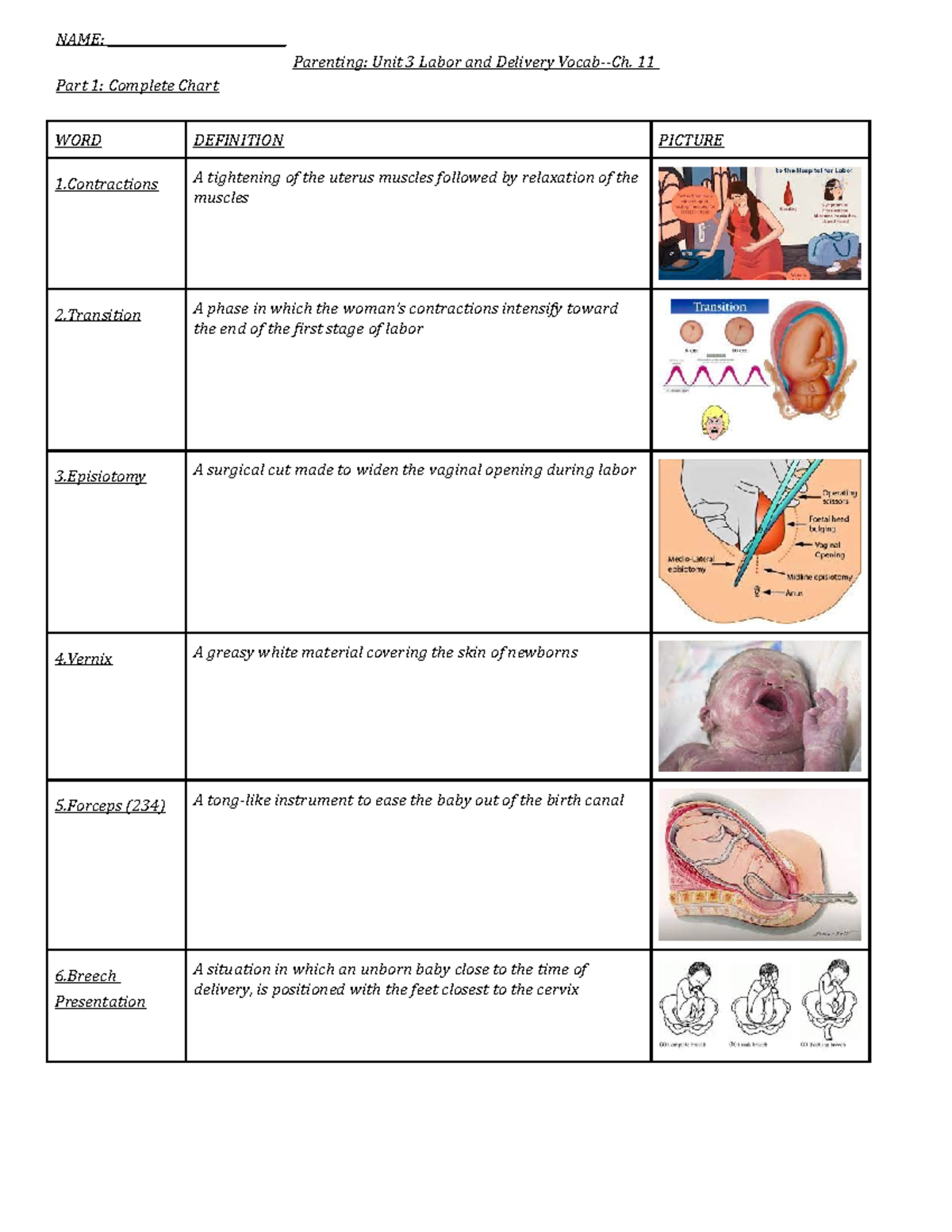 Parenting Labor Vocab - NAME: ____________________________ Parenting ...