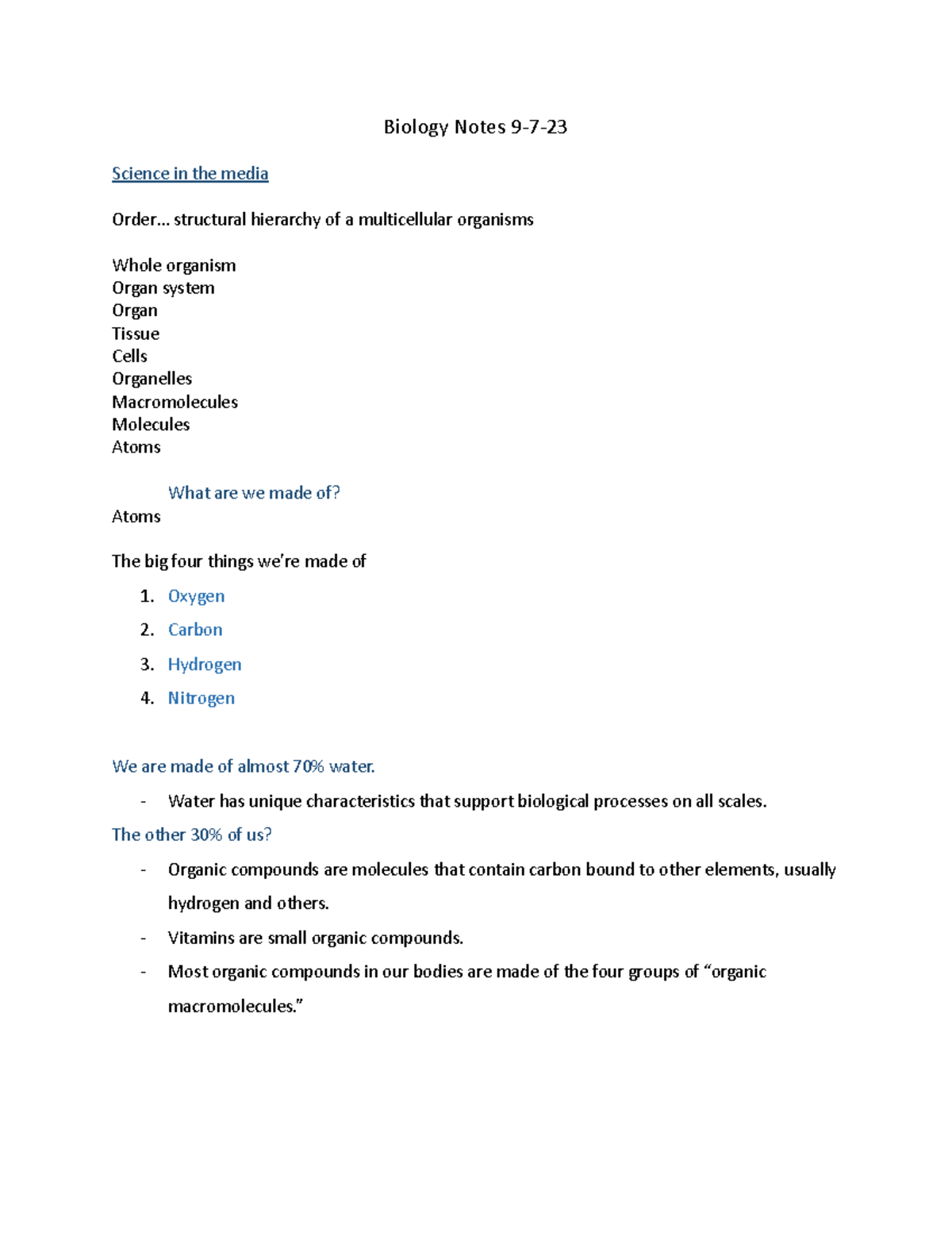 In class biology Notes 9-7-23 - Biology Notes 9-7- Science in the media ...