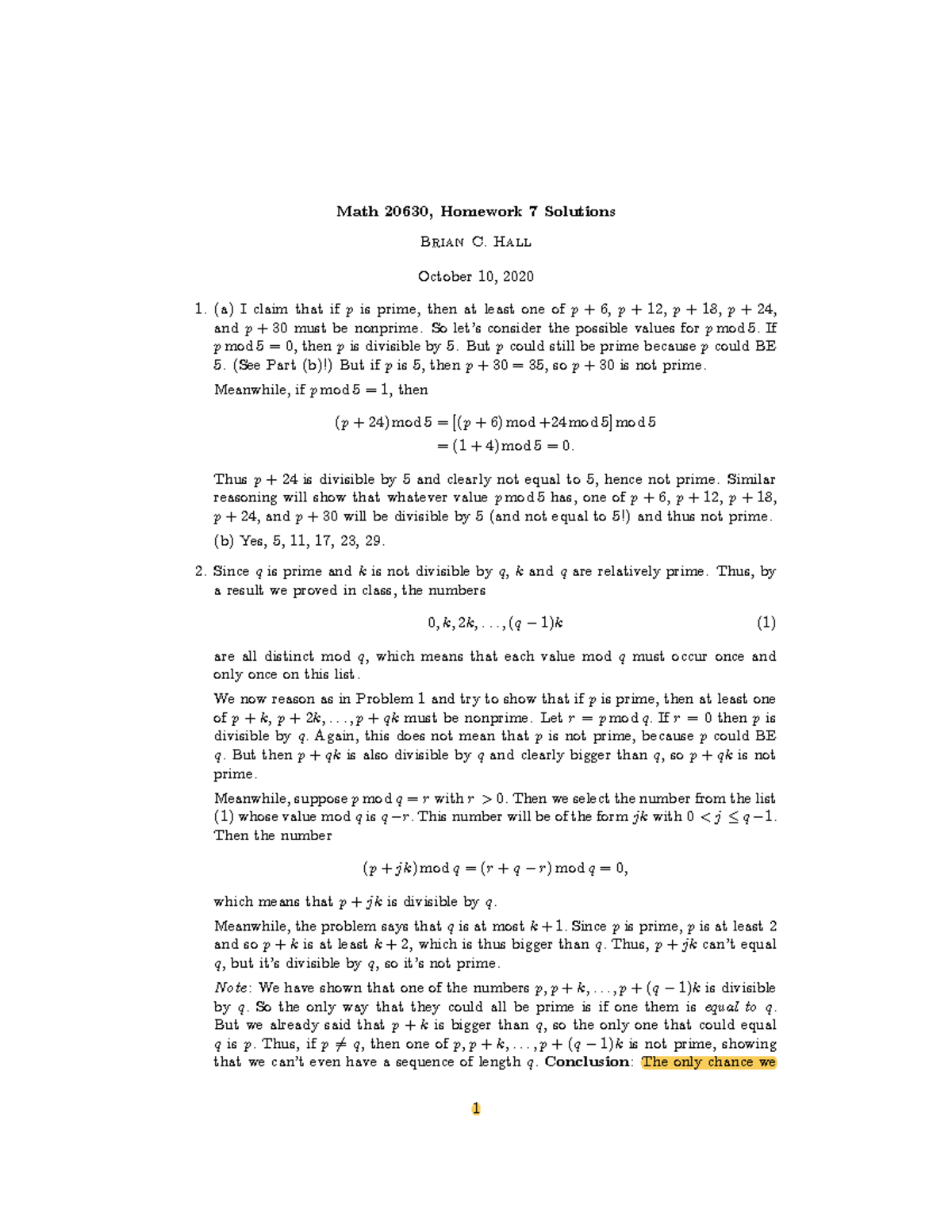 HW7soln - Brian C. Hall - Math 20630, Homework 7 Solutions Brian C ...