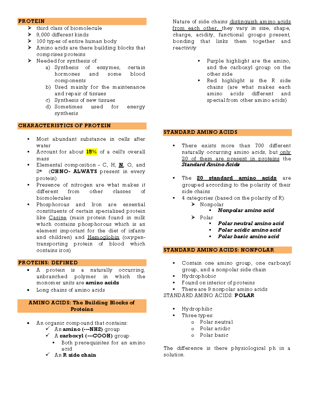 Things you need to know about Proteins (Short Class Notes) - PROTEIN ...