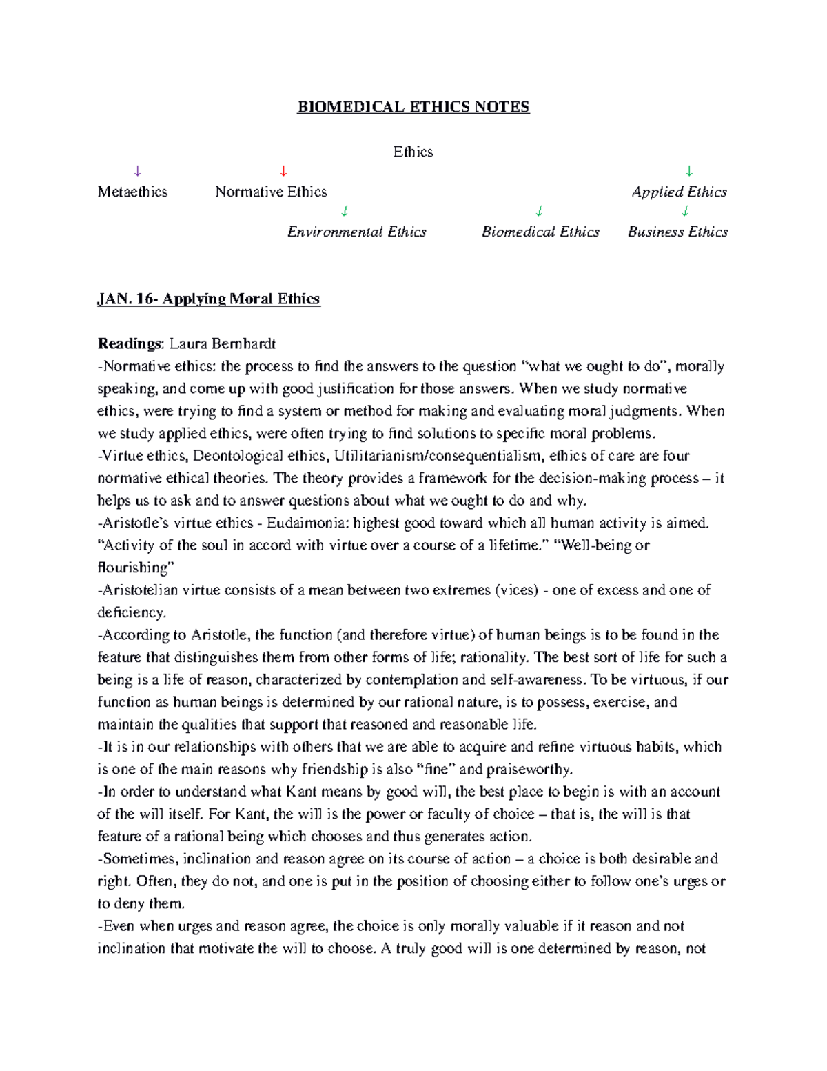 Biomedical Ethics Notes - BIOMEDICAL ETHICS NOTES Ethics Metaethics ...