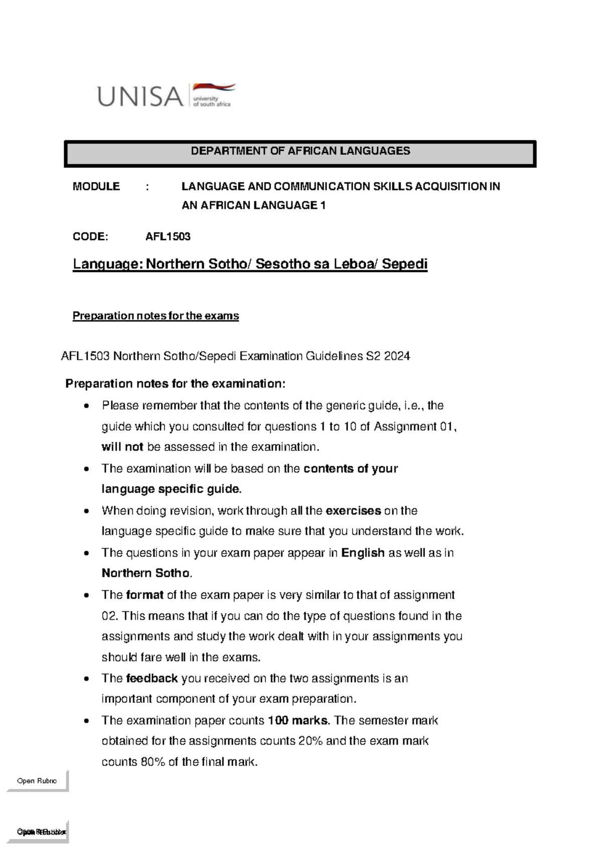 AFL1503 2024 S2 Exam Guidelines- Oct Nov - DEPARTMENT OF AFRICAN LANGUAGES MODULE : LANGUAGE AND ...