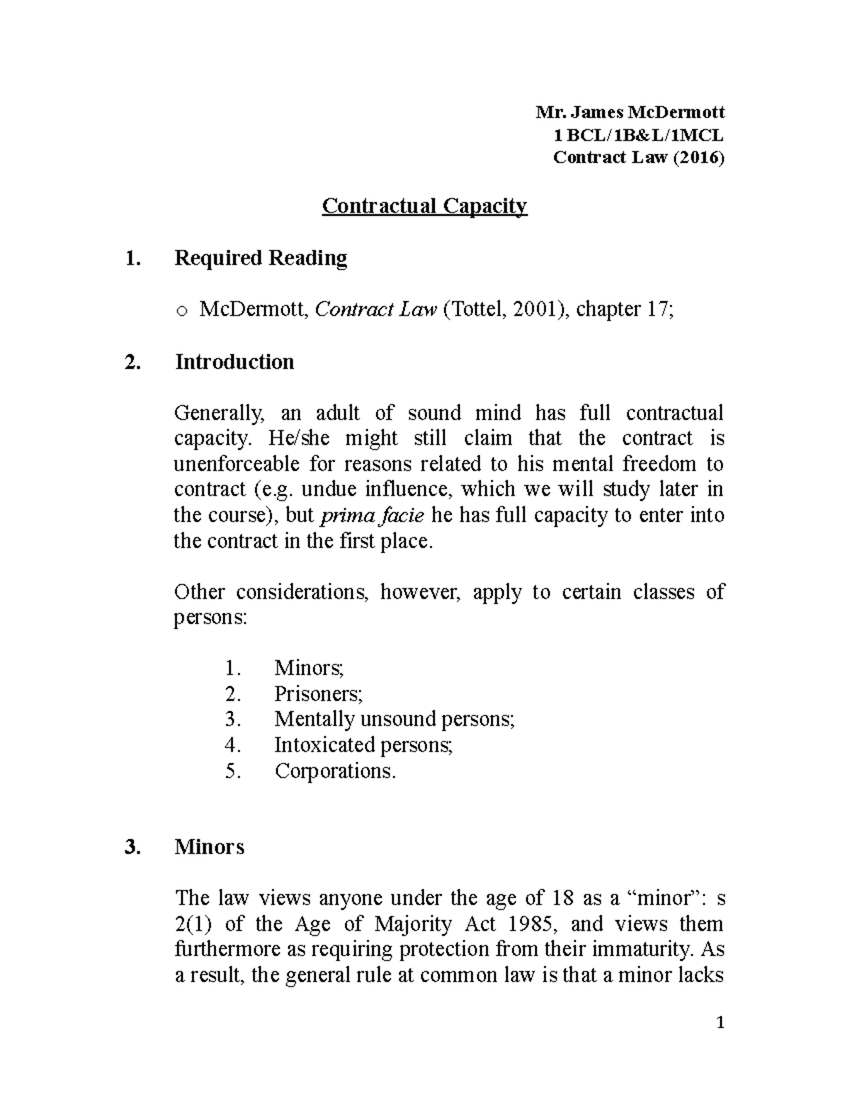 Contract Law 2016 Topic 5 Contractual Capacity - Mr. James McDermott 1 ...