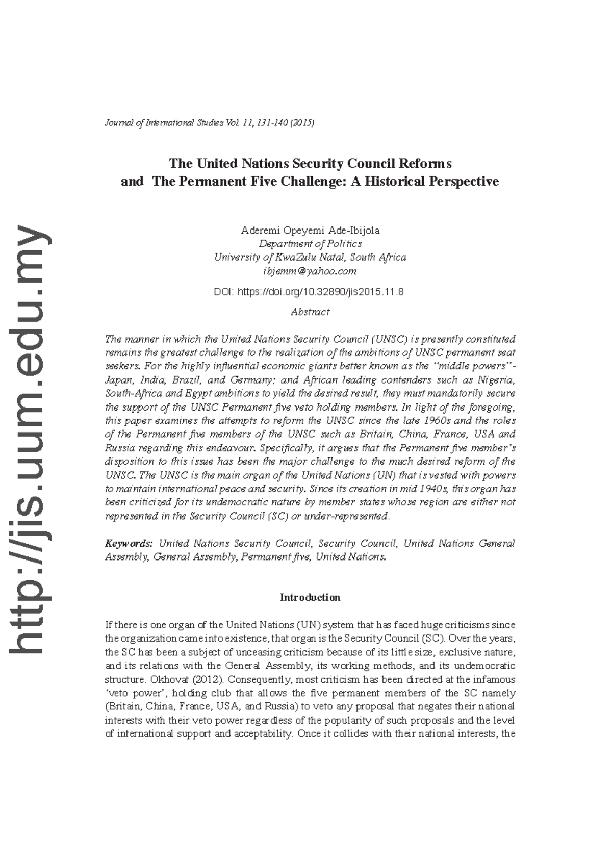 The United Nations Security Council Reforms and The Permanent Five ...
