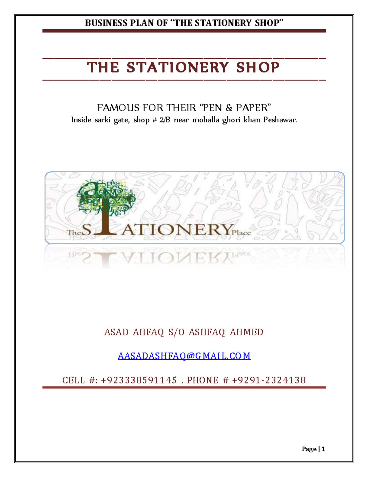 Business PLAN OF THE Stationery SHOP - T H E S T A T I ON E RY S H OP ...
