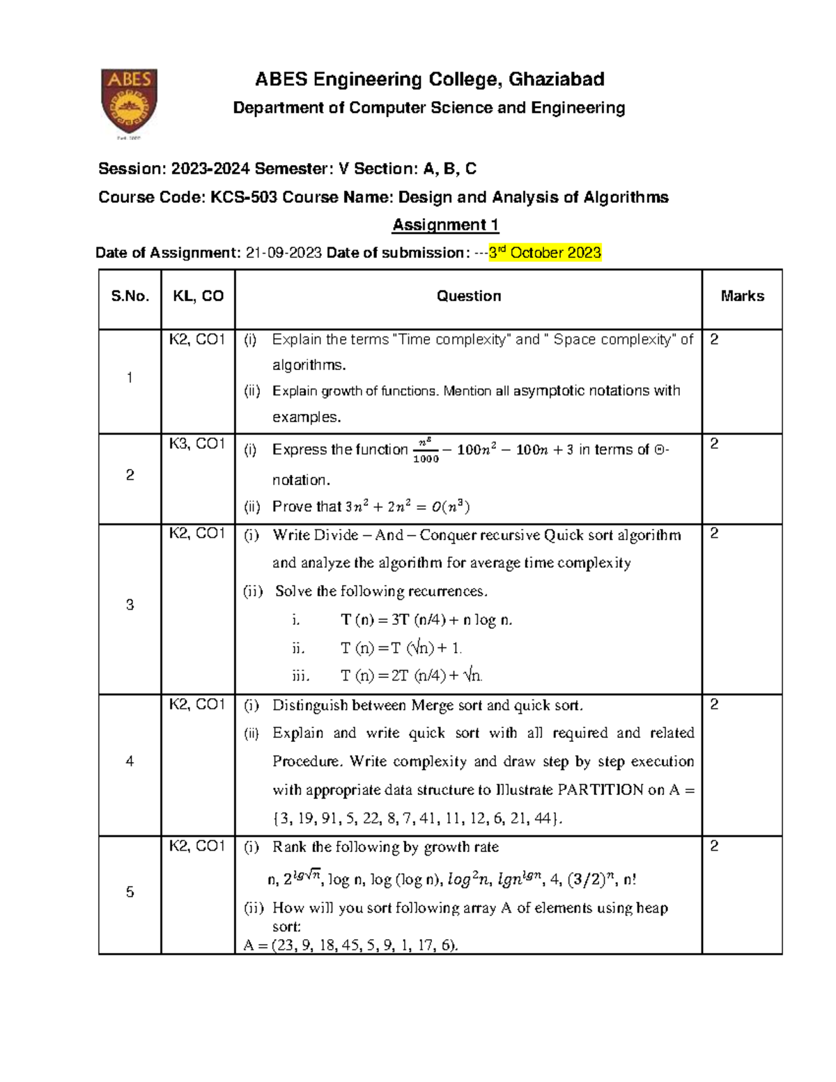 Assignment 1 - help me - ABES Engineering College, Ghaziabad Department of Computer Science and ...